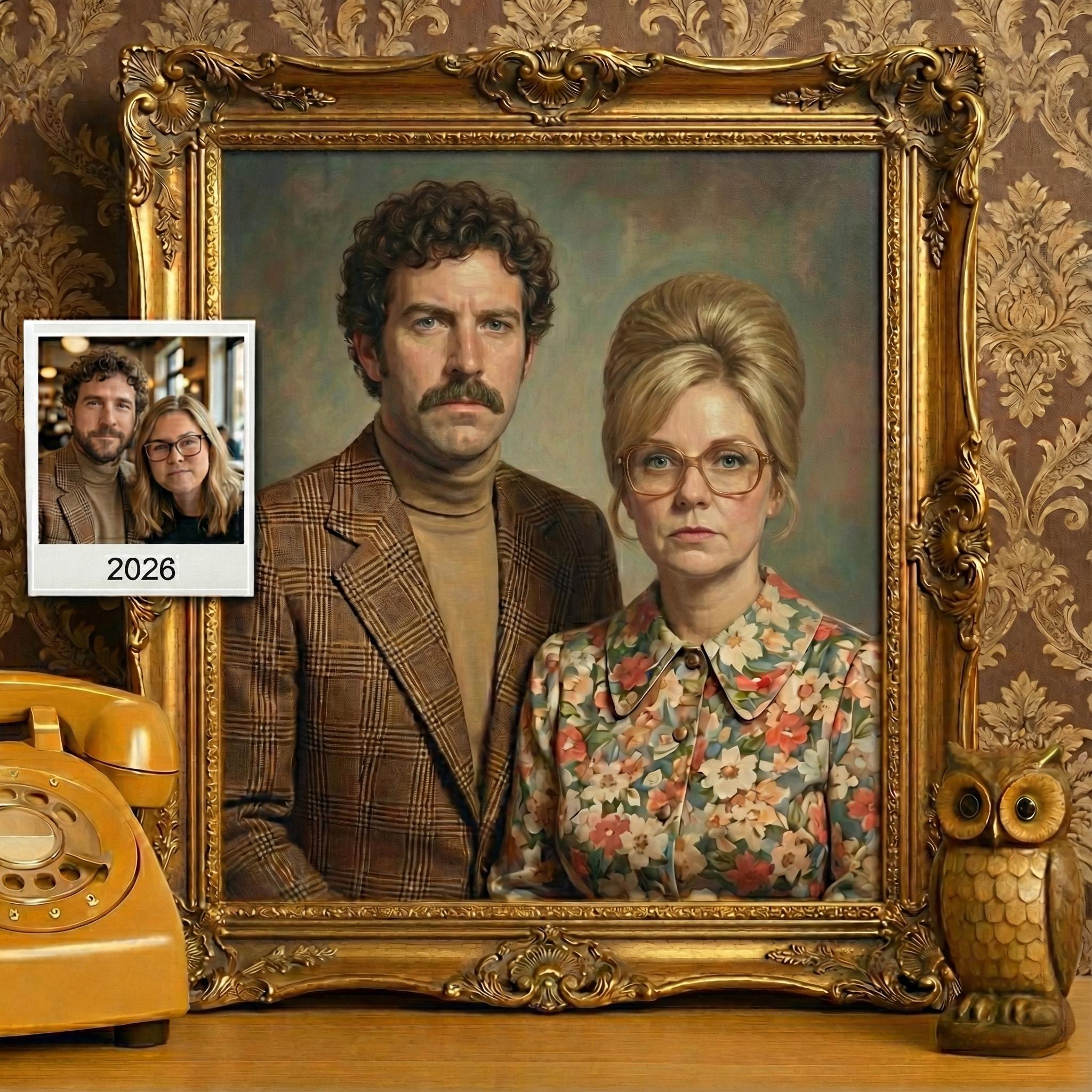 Funny Retro Couple Portrait, 1970s Style Custom Digital Art (digital ...