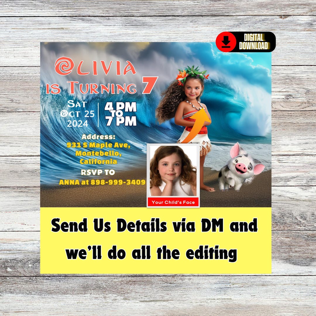 Mona Face Swap Birthday Invitation: Custom Photo, Maui Party (digital ...