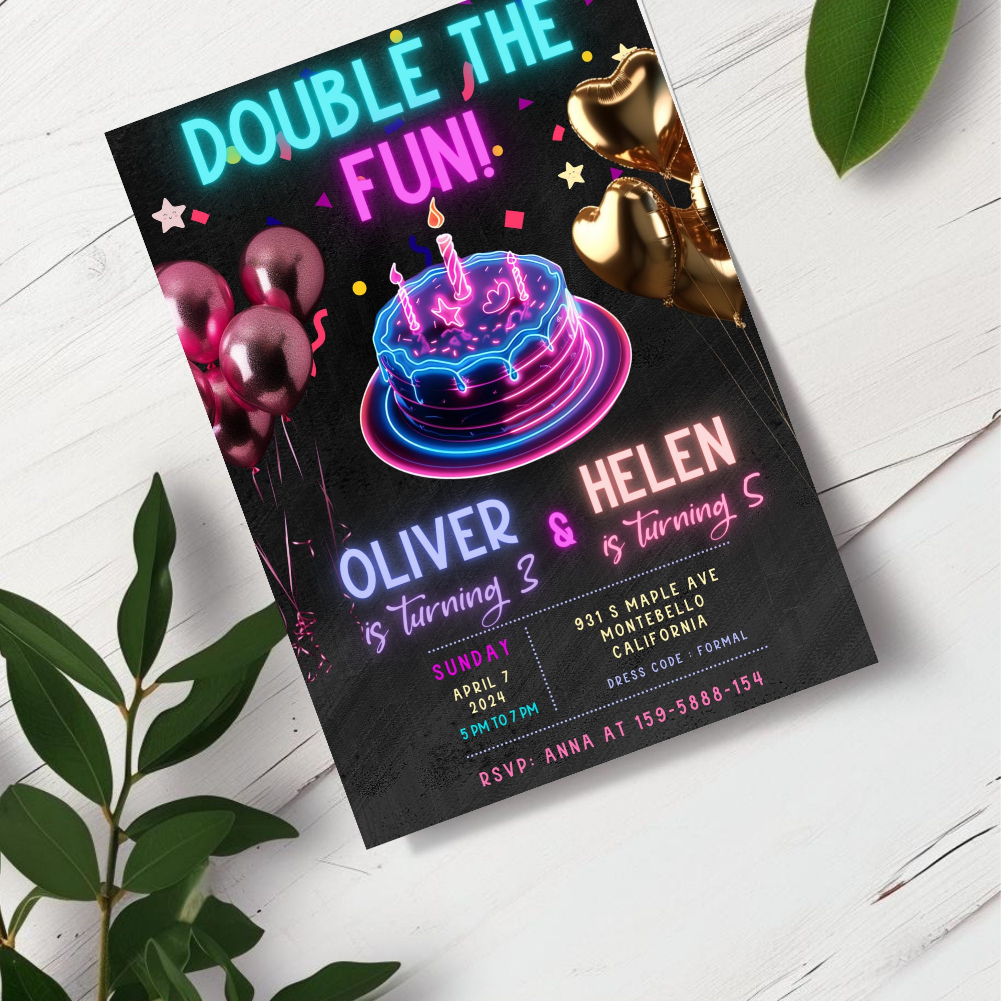 Neon Sibling Birthday Invitation: Dual Theme Canva Template (instant ...