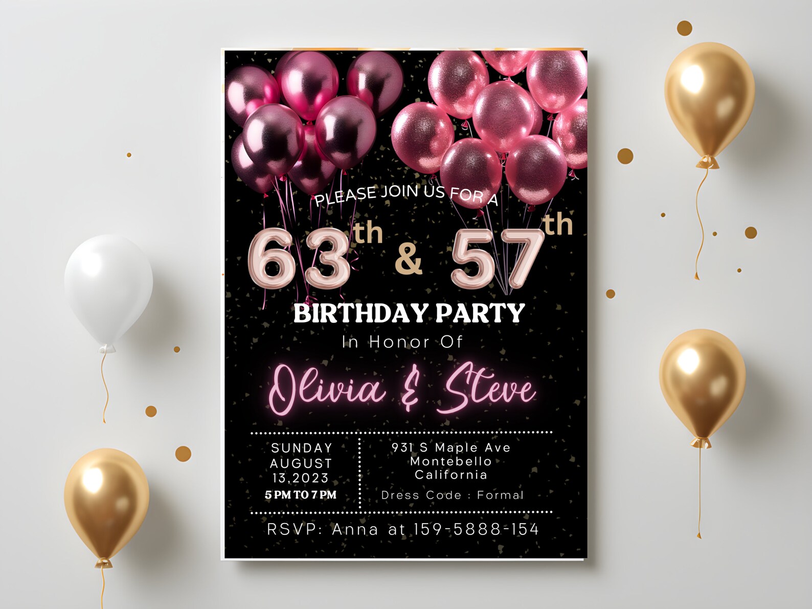 Dual Joint Birthday Invitation Template Pink Adult Glitter and Balloons ...
