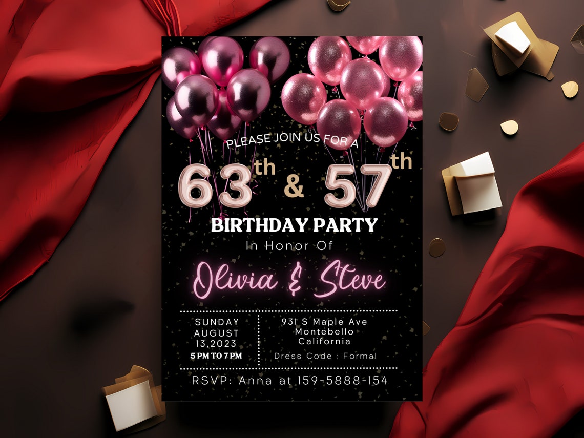 Dual Joint Birthday Invitation Template Pink Adult Glitter and Balloons ...
