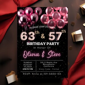 Dual Joint Birthday Invitation Template Pink Adult Glitter and Balloons ...