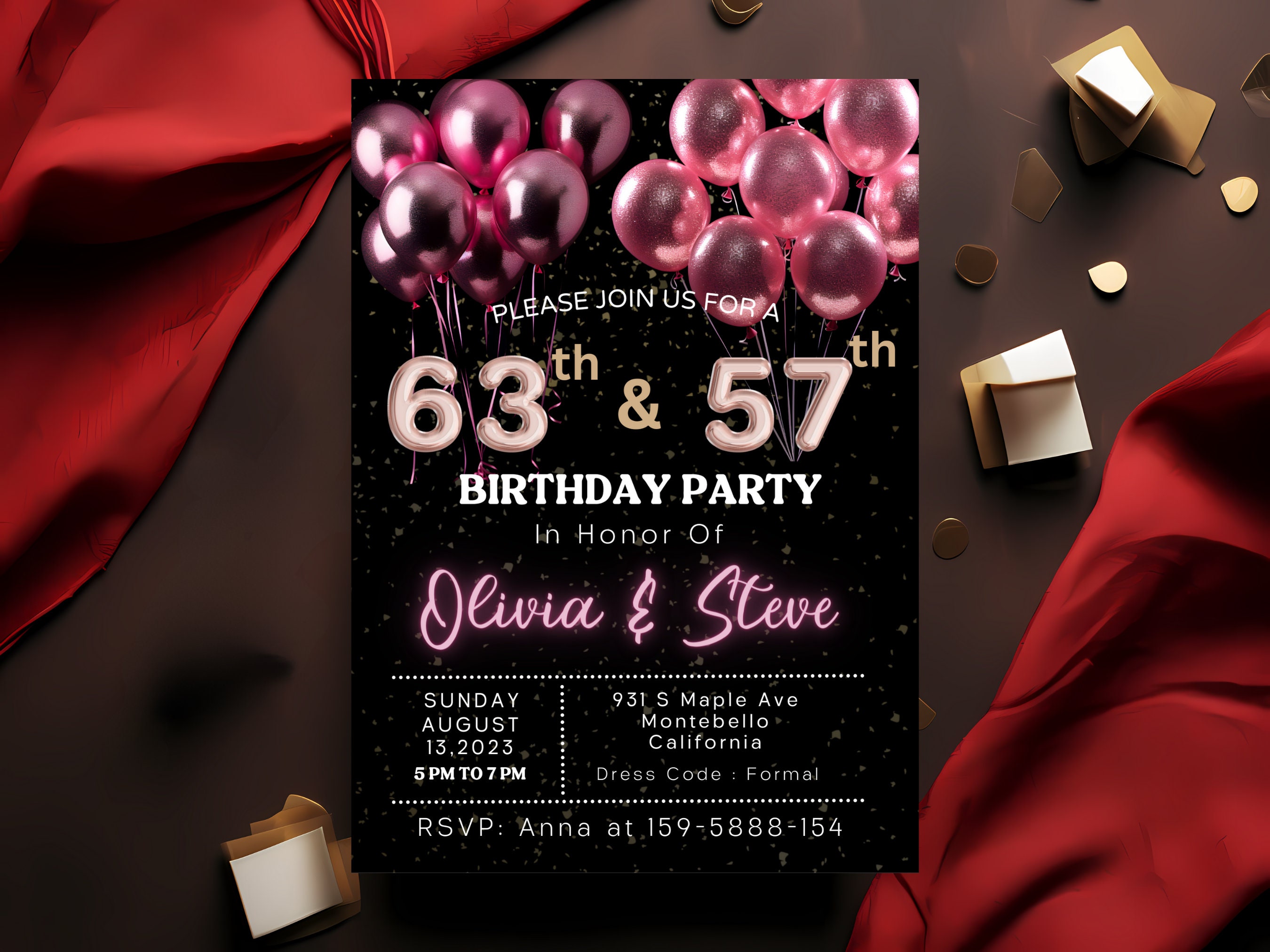 Dual Joint Birthday Invitation Template Pink Adult Glitter and Balloons ...