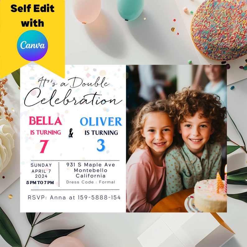 Editable Joint Birthday Party Canva Template,sibling Birthday Photo ...