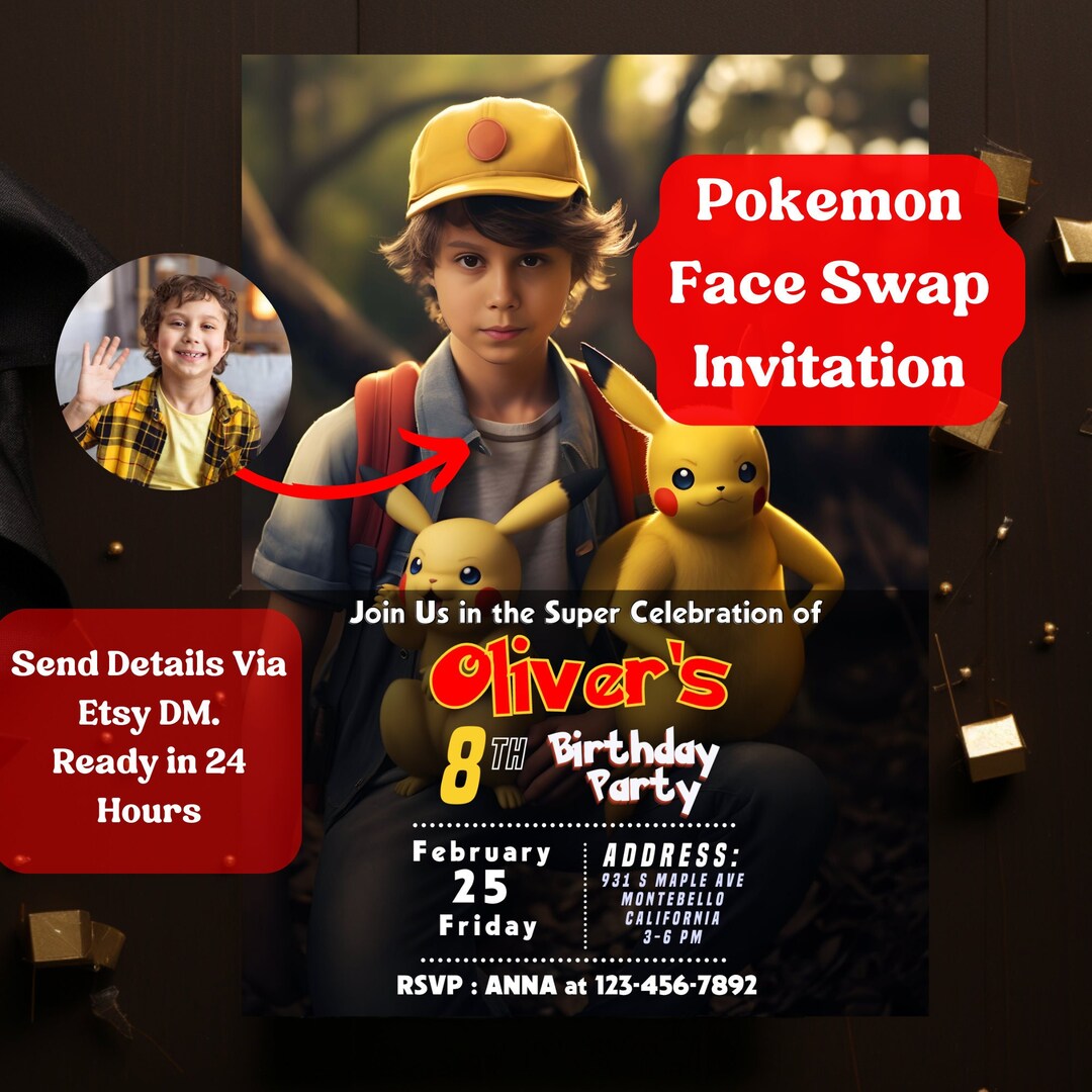 Custom Poke Guy Theme Face Swap Birthday Invitation, Pika Poke Birthday ...