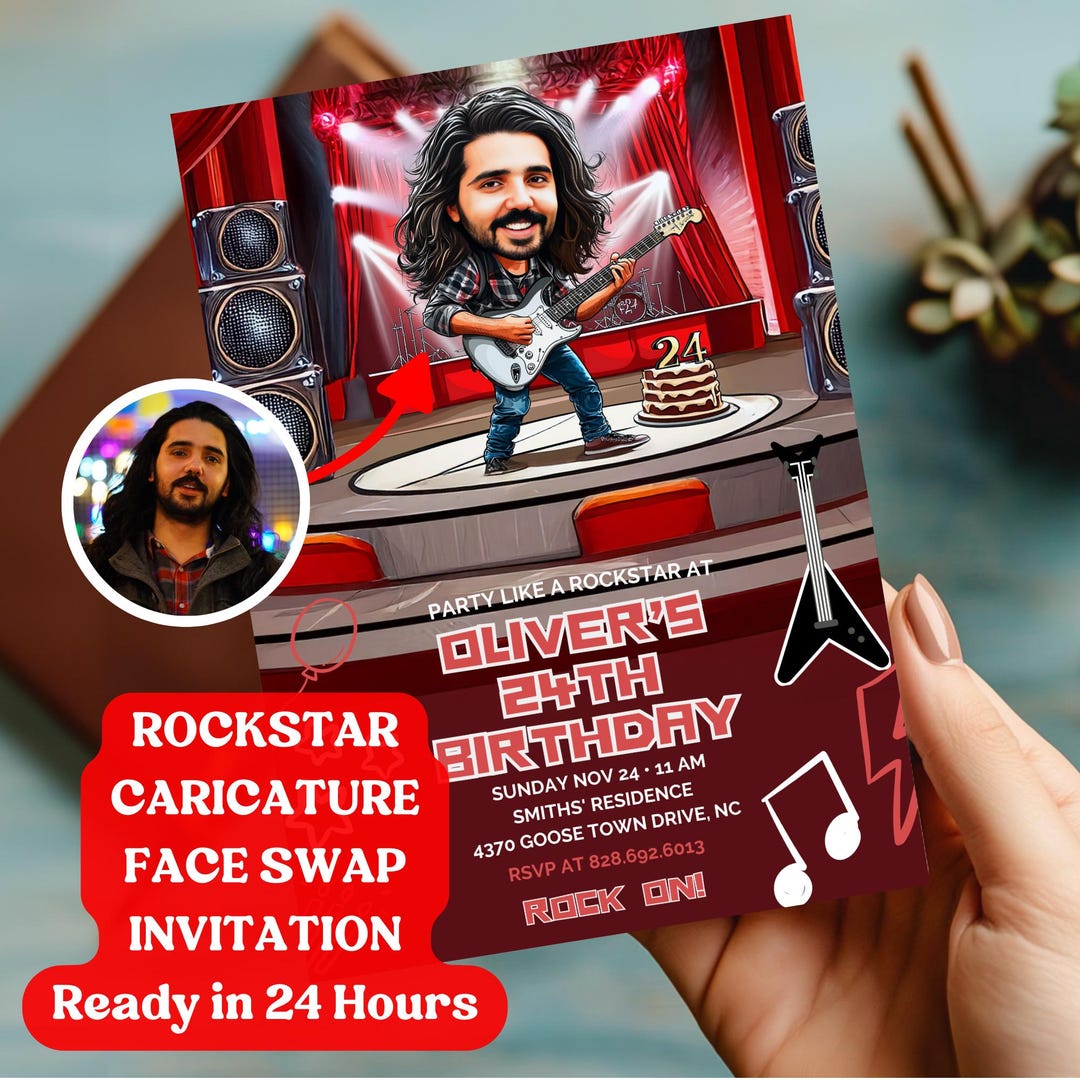 Custom Rockstar Caricature Invitation ,any Age Funny Caricature Face ...
