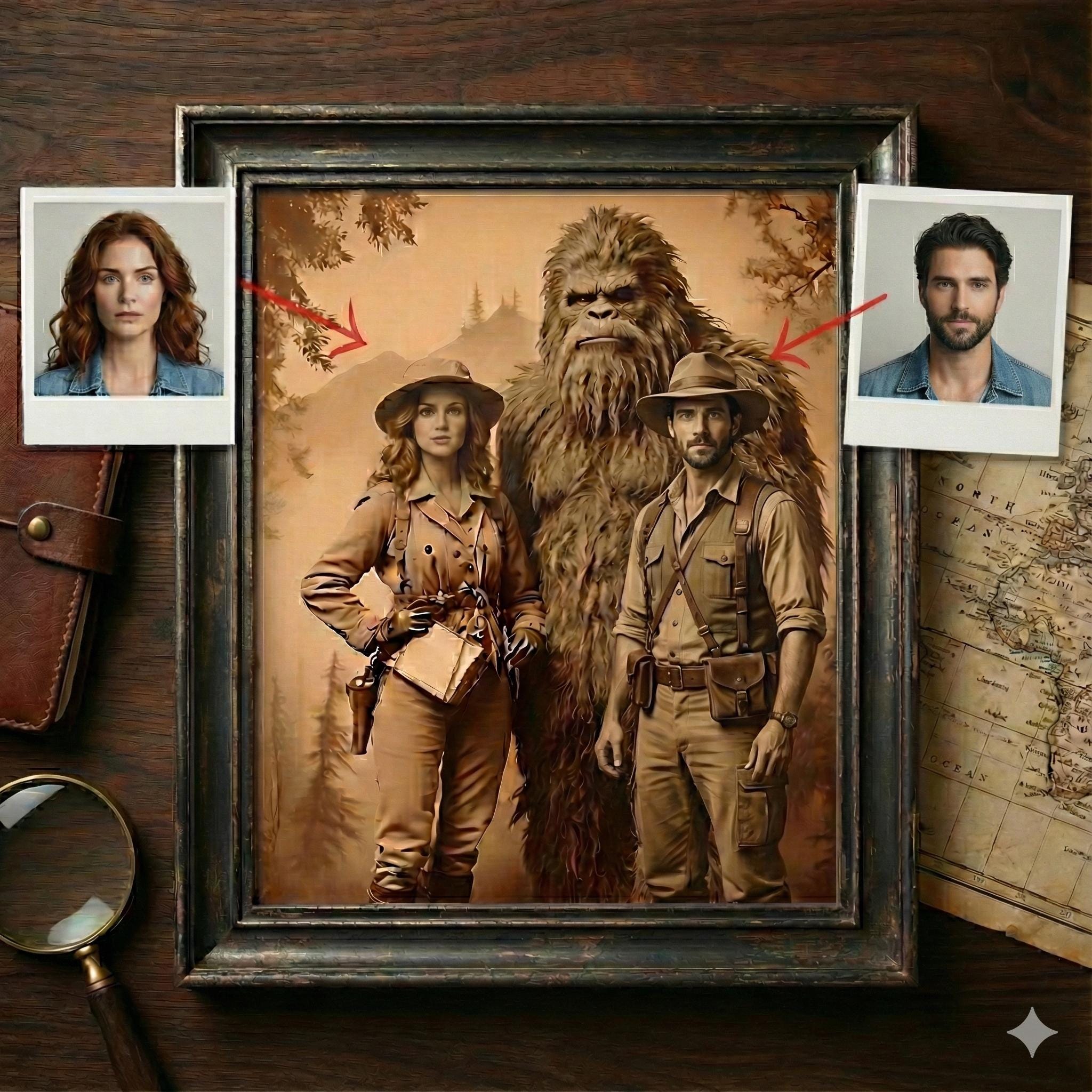 Custom Sasquatch Couple Portrait From Photo, Vintage Explorer Style ...