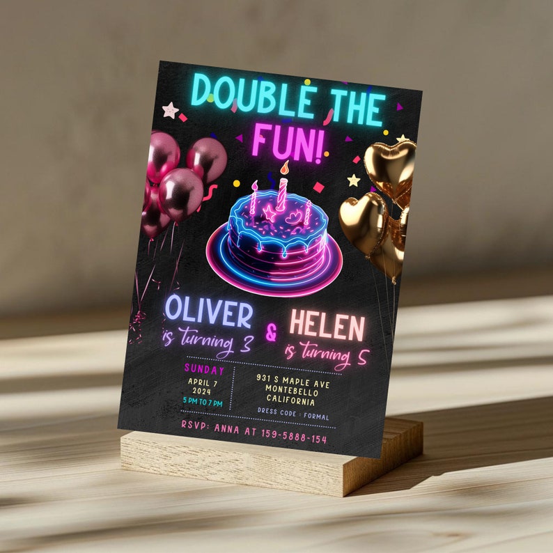 Neon Sibling Birthday Invitation: Dual Theme Canva Template (instant ...