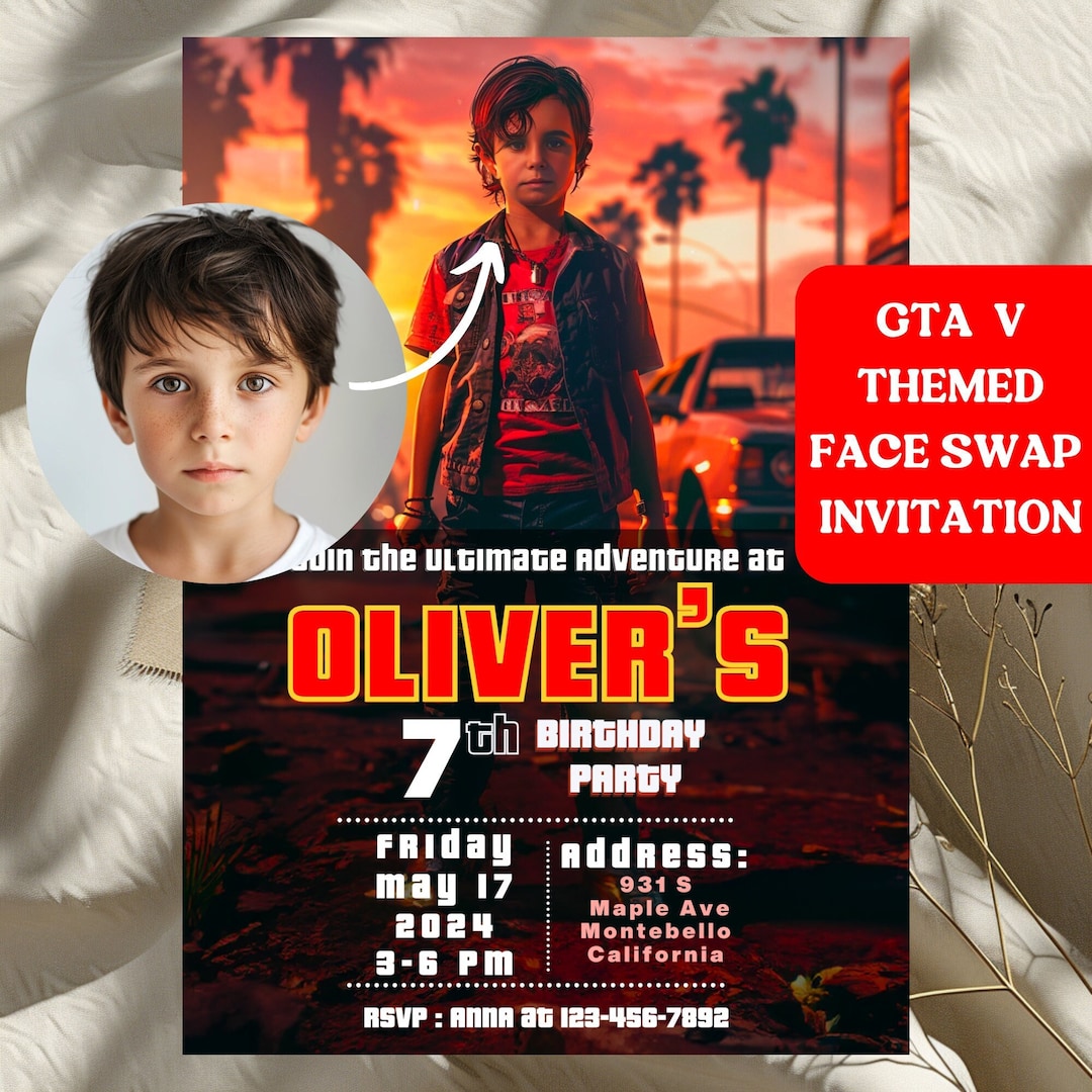 Custom GTA Face Swap Birthday Invitation, Video Game Birthday Invite ...