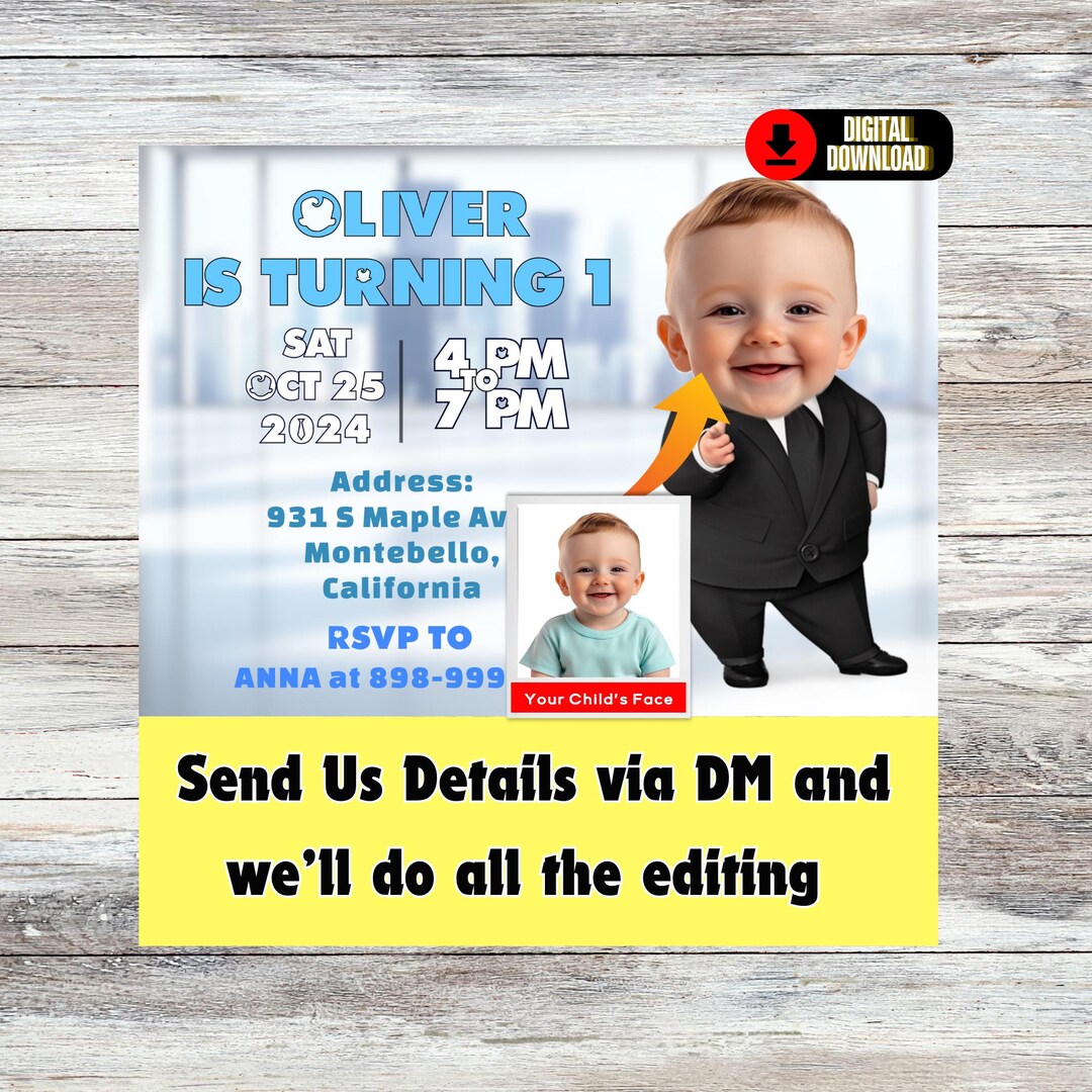 Baby Personalized Invitation With Photo ,little Boss Party Invite,boss ...