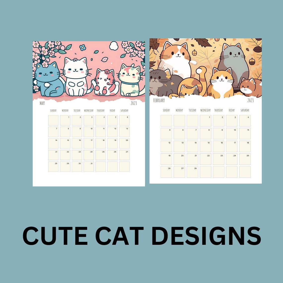 2025 Illustrated Cat Calendar,cute Cat Calendar Printable Sunday and ...