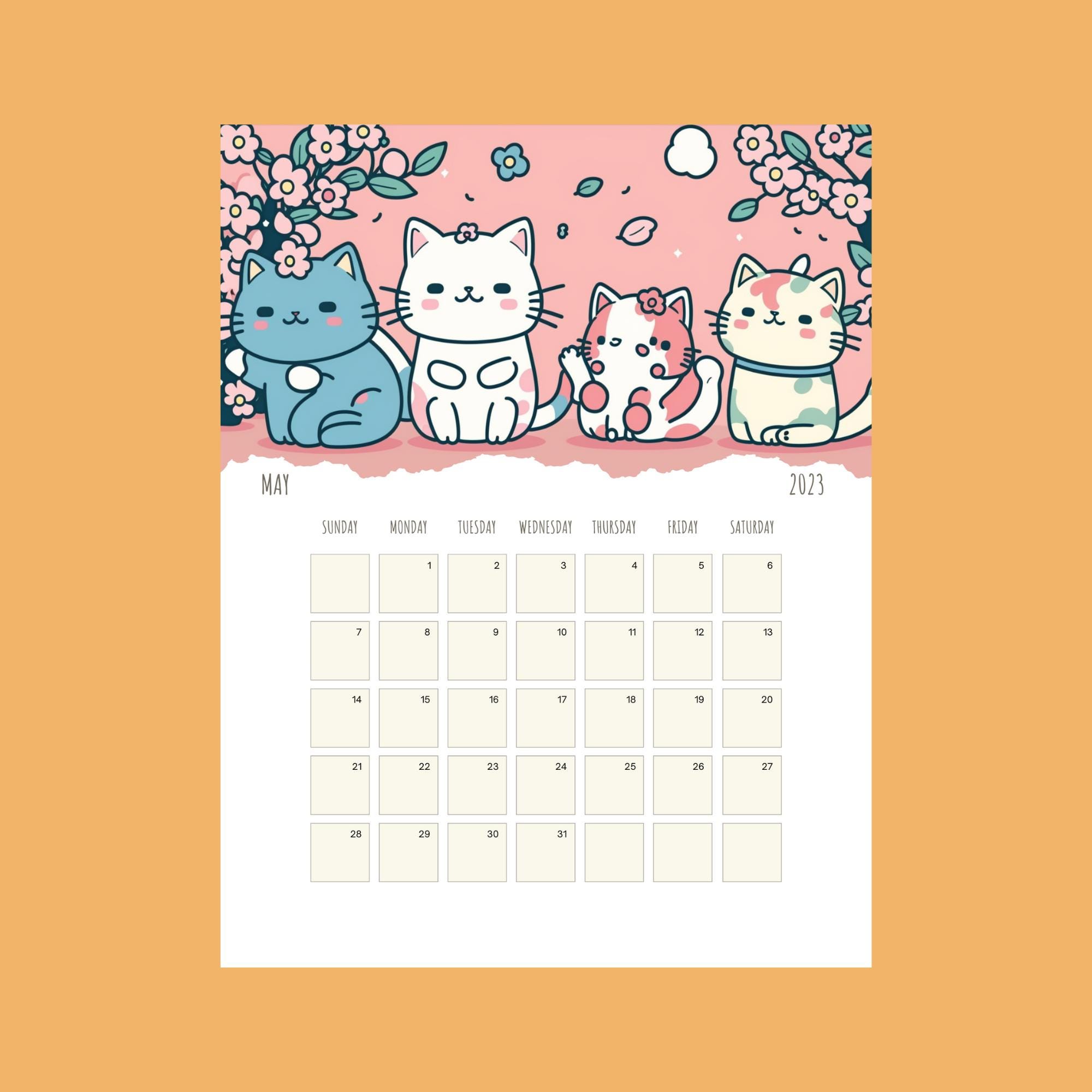 2025 Illustrated Cat Calendar,cute Cat Calendar Printable Sunday and ...