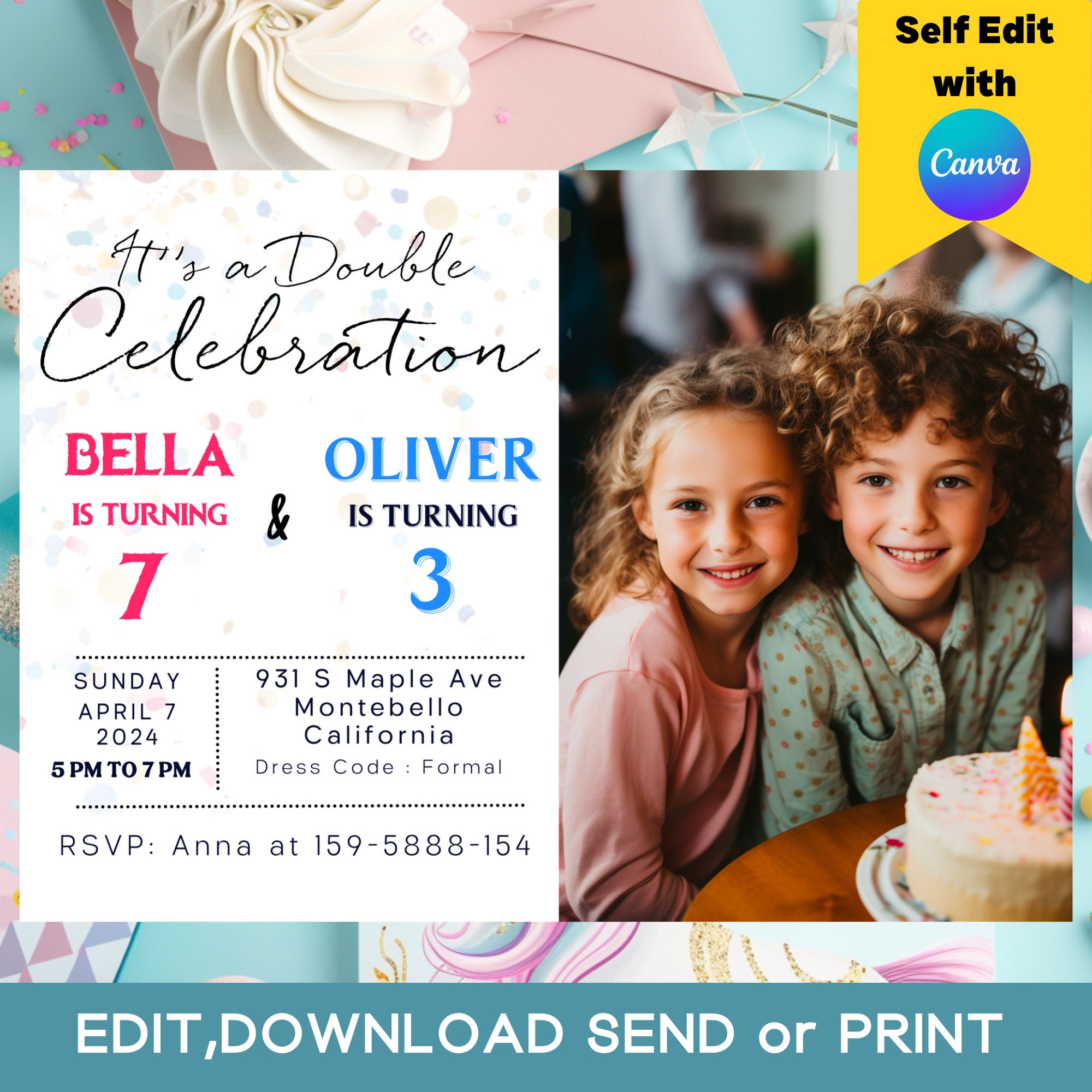 Editable Joint Birthday Party Canva Template,sibling Birthday Photo ...