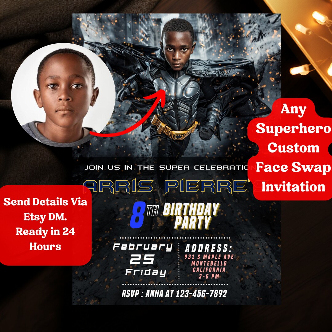 Custom Bat Theme Face Swap Birthday Invitation,bat Boy Birthday ...