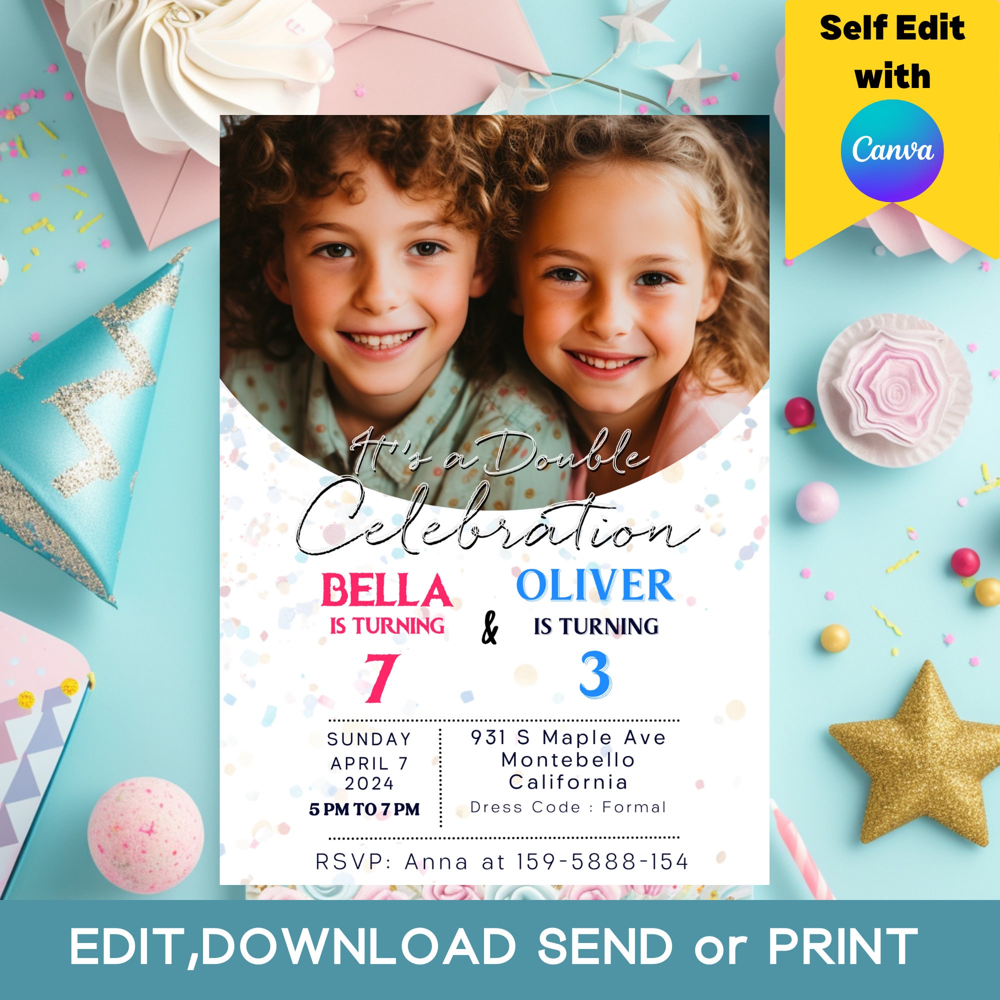 Editable Joint Birthday Party Canva Template,sibling Birthday Photo ...