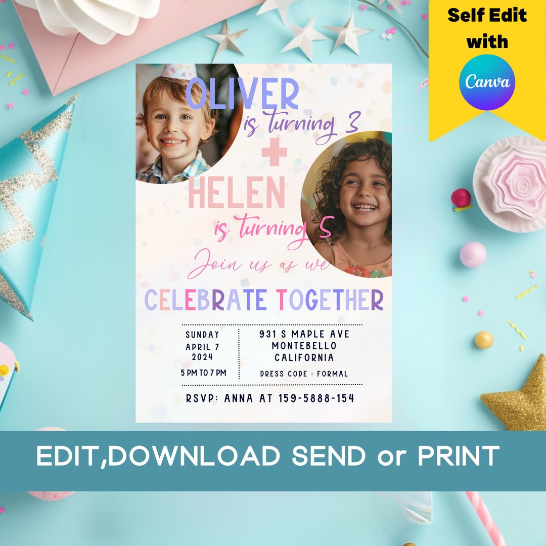 Editable Joint Birthday Party Canva Template,sibling Birthday Party ...