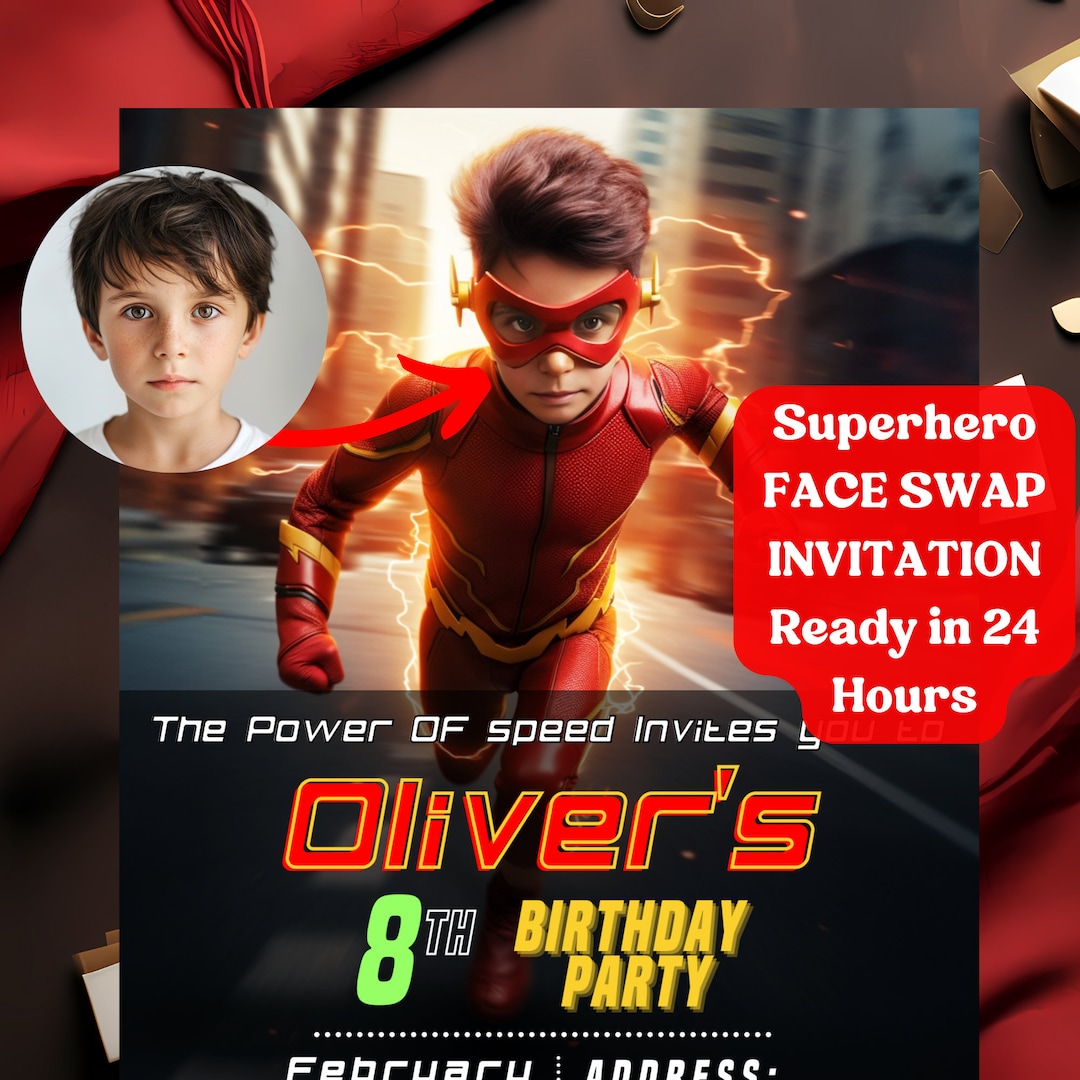 Custom Flash Face Swap Birthday Invitation: Speedster Superhero Theme ...