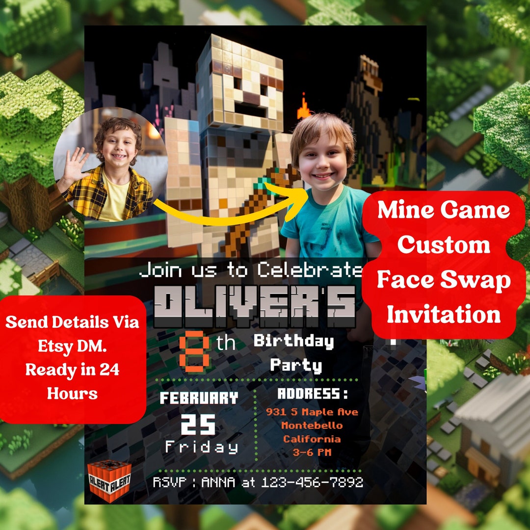 Mine Birthday Invitation, Mine Face Swap Birthday Invite, Custom ...