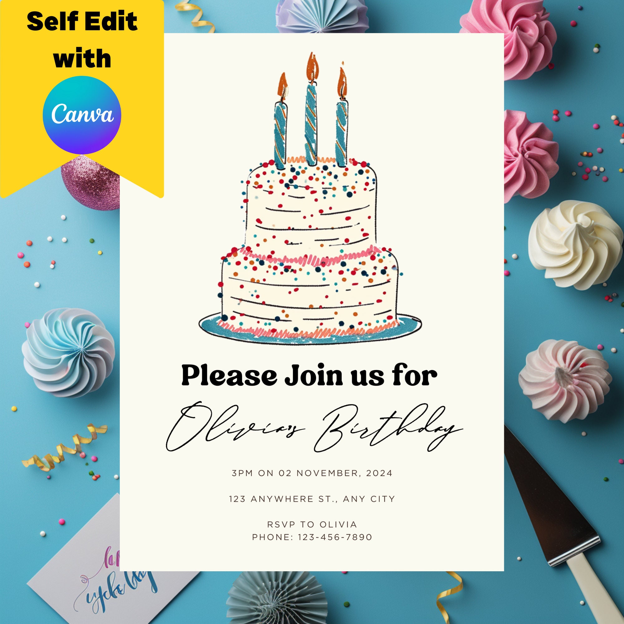 Birthday Cake Invitation Template, Canva Birthday Invite, Editable ...