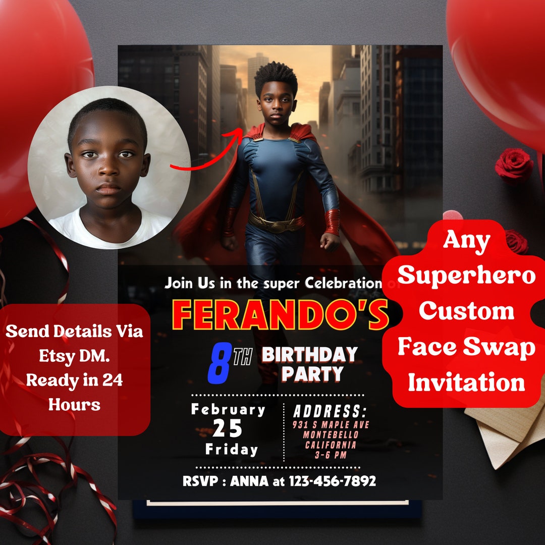 Custom Superman Theme Face Swap Birthday Invitation, Superhero Birthday ...