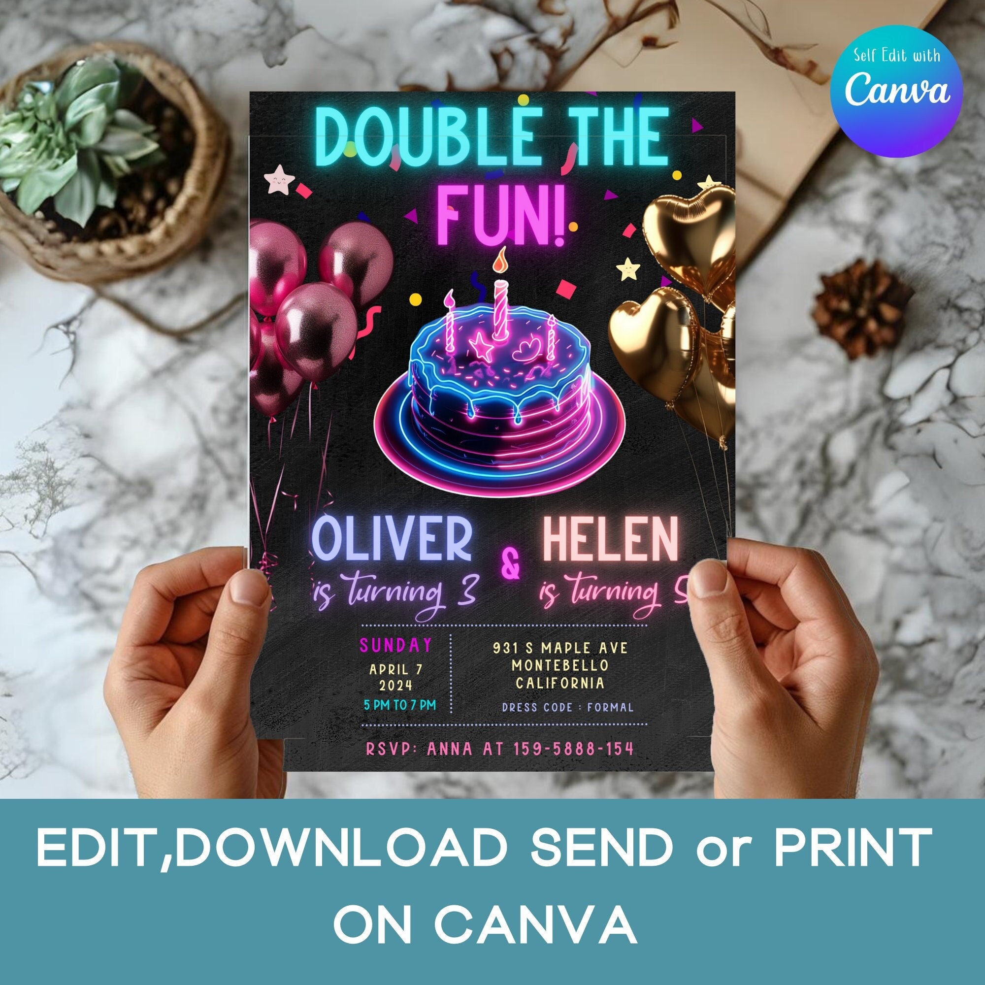 Neon Sibling Birthday Invitation: Dual Theme Canva Template (instant ...