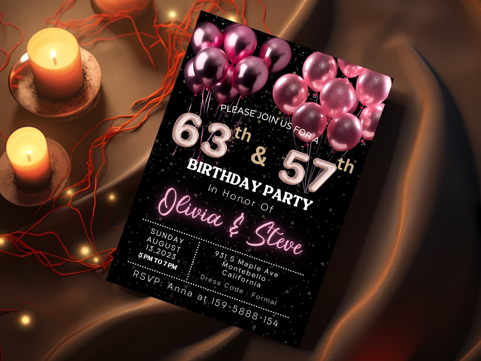 Dual Joint Birthday Invitation Template Pink Adult Glitter and Balloons ...