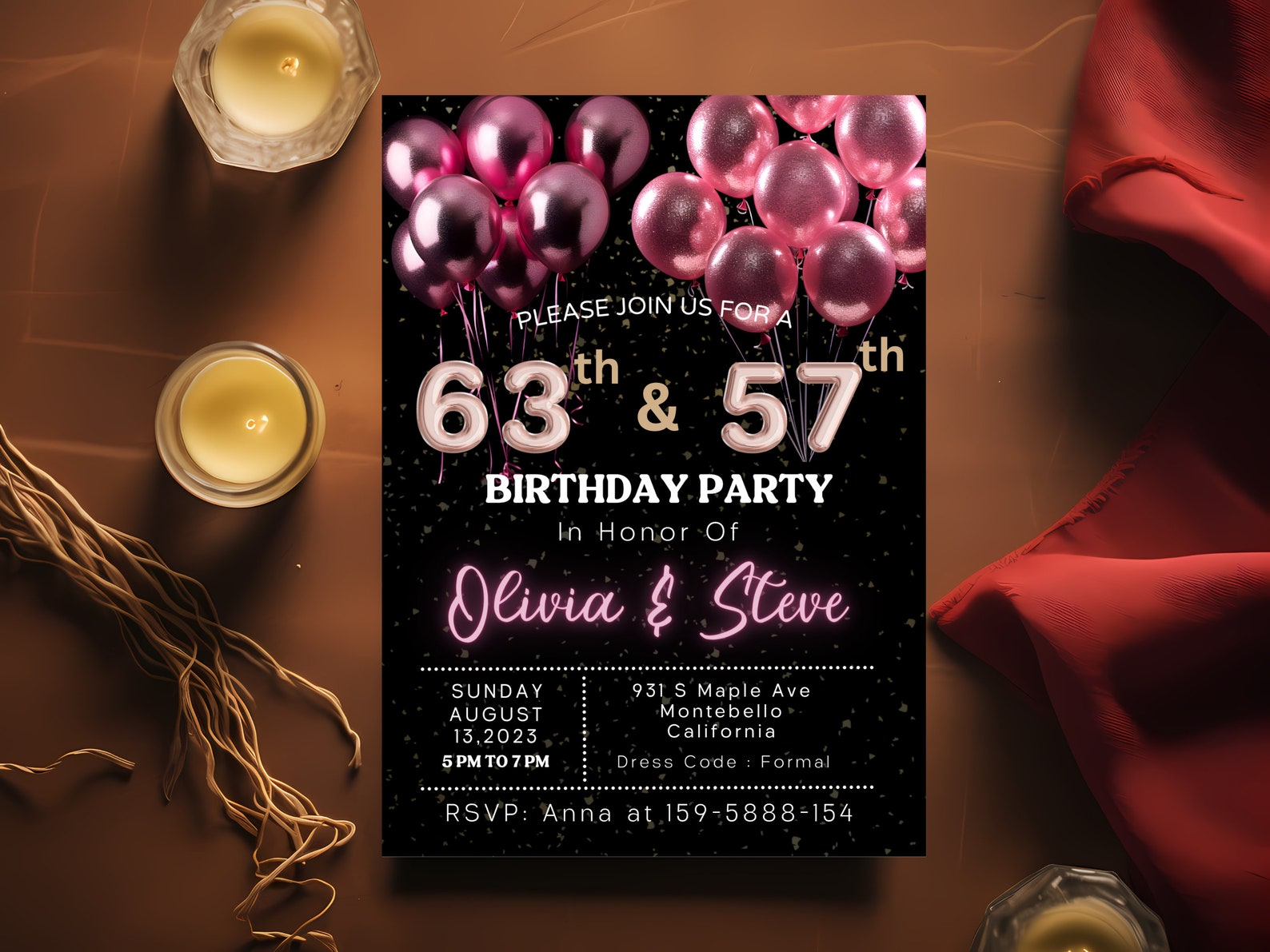 Dual Joint Birthday Invitation Template Pink Adult Glitter and Balloons ...