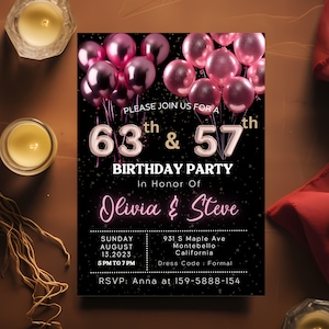 Dual Joint Birthday Invitation Template Pink Adult Glitter and Balloons ...