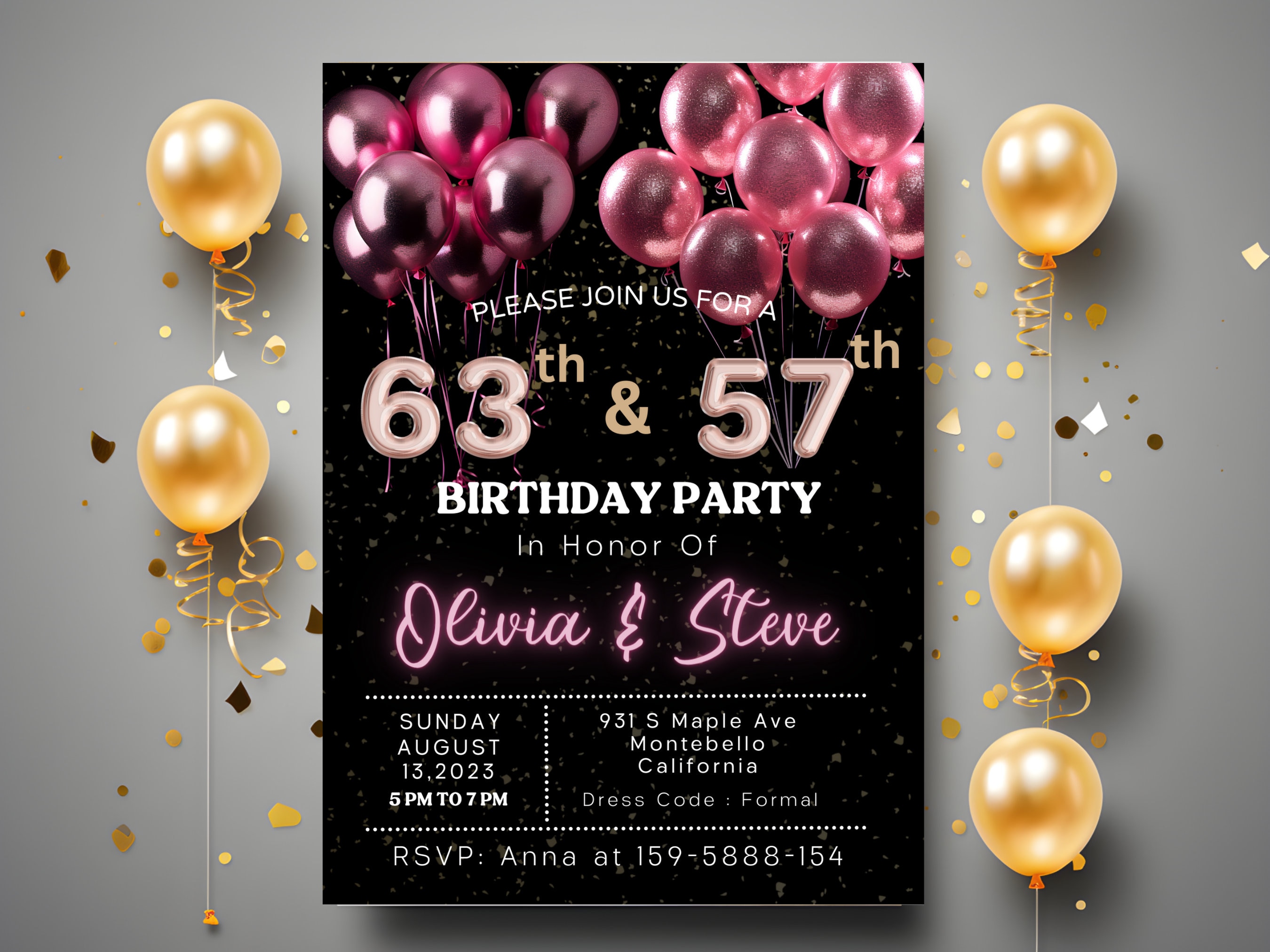 Dual Joint Birthday Invitation Template Pink Adult Glitter and Balloons ...
