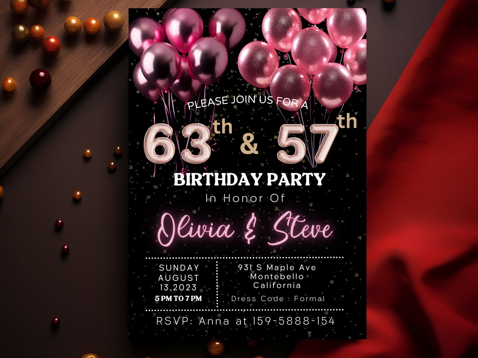 Dual Joint Birthday Invitation Template Pink Adult Glitter and Balloons ...