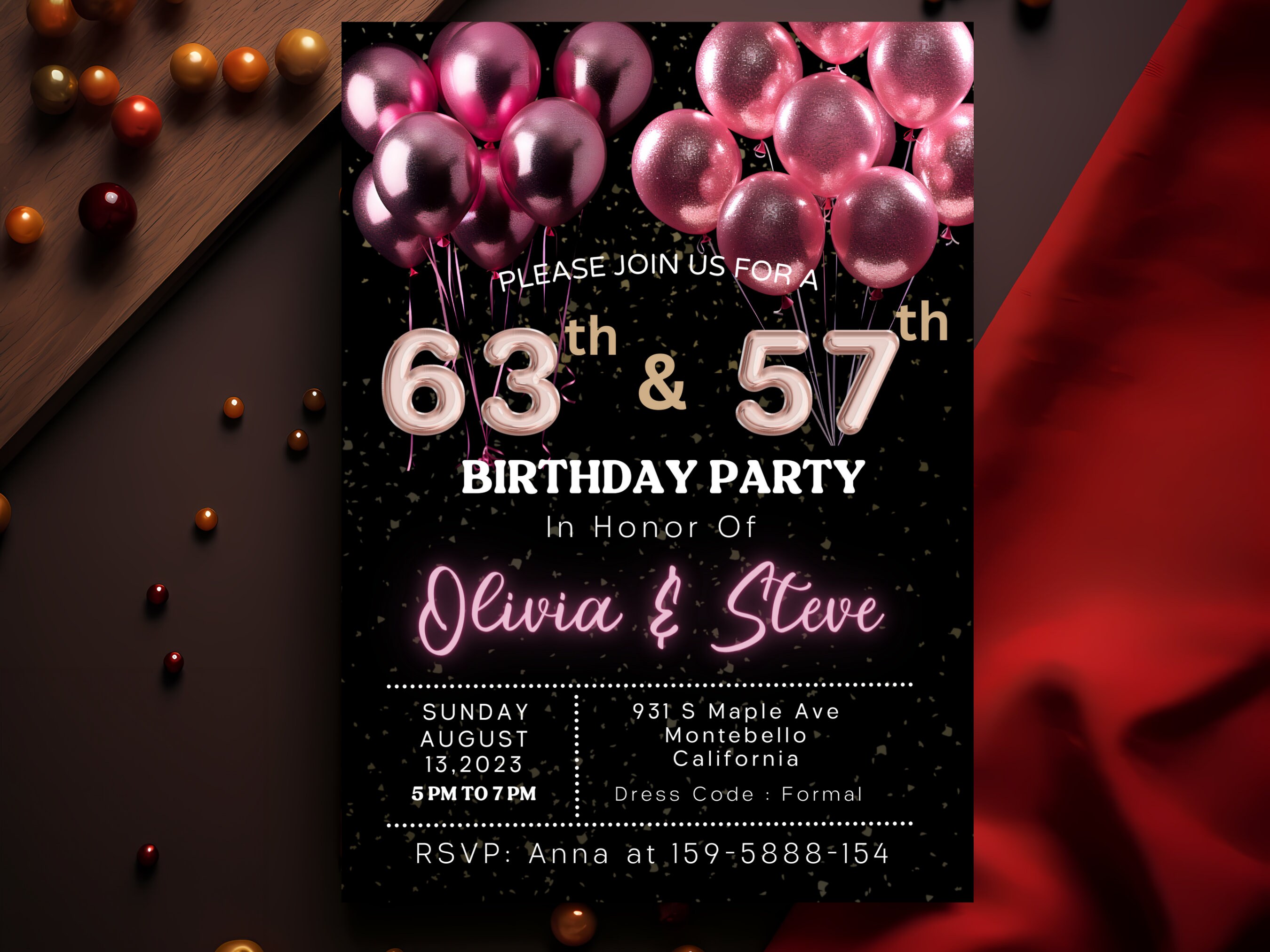 Dual Joint Birthday Invitation Template Pink Adult Glitter and Balloons ...