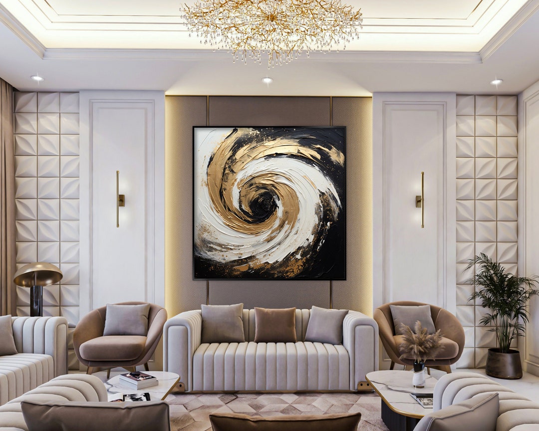 Hurricane, 100% Handmade, Gold, Black, White, Textured Painting ...