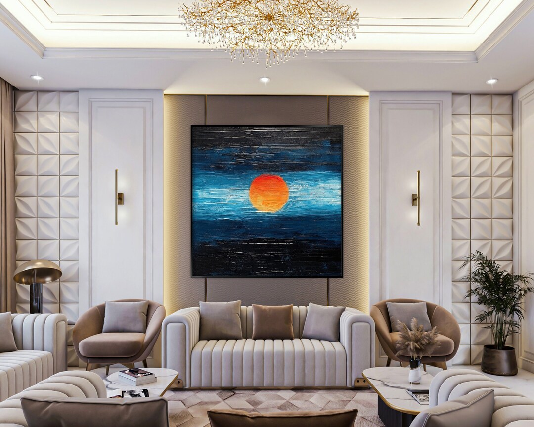 Abstract Red Moon Painting, 100% Handmade, Blue and Black Painting ...