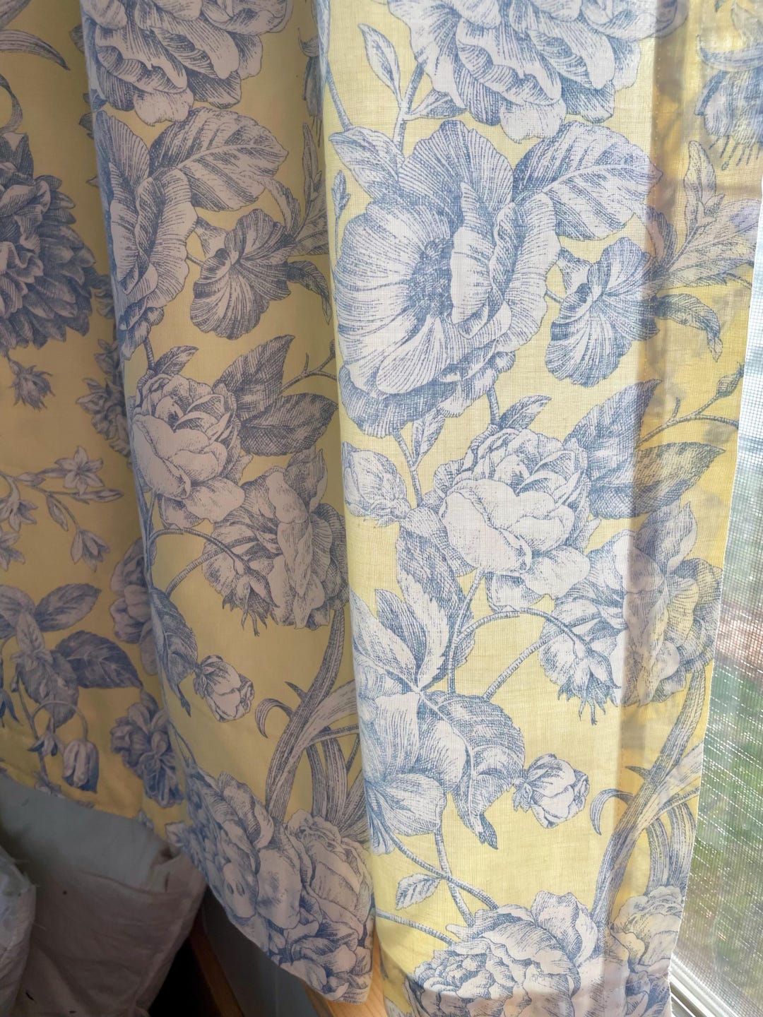 Set of 4 Vintage Waverly Curtains Yellow & Blue Floral Toile Nancy ...