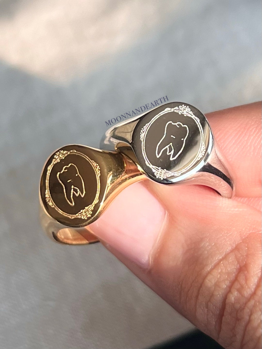 18k Gold Plated "tooth" Engraved Signet Ring - Etsy