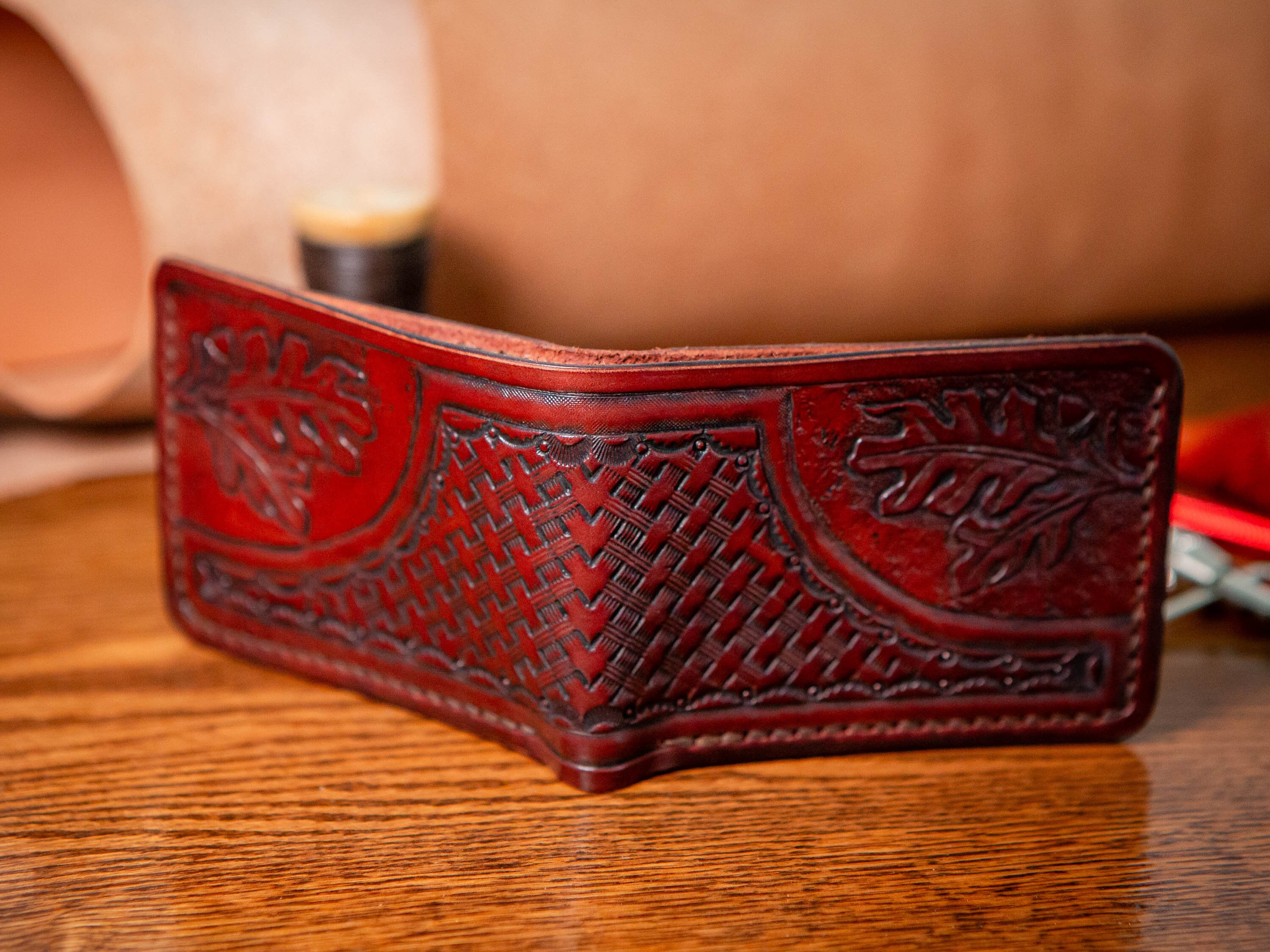 Hand Tooled Veg Tan Leather Bi Fold Wallet | Hand Crafted | Hand ...