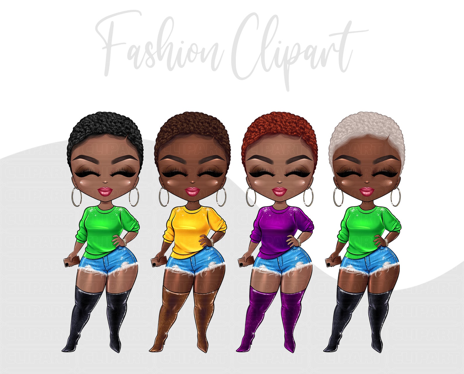 African American Cute Fashion Dolls Clipart Bundle Cute Chibi Dolls PNG ...