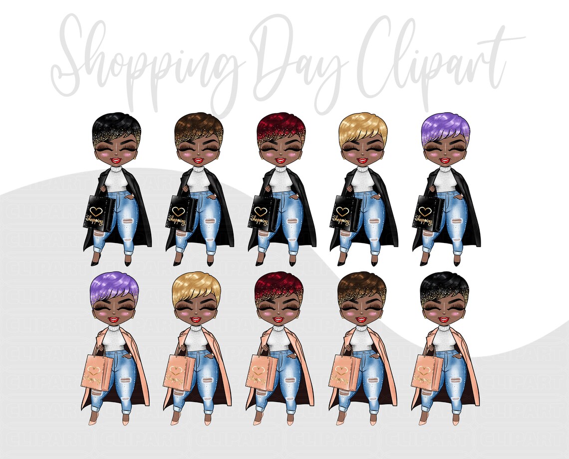 Shopping Girl Clipart Bundle African American Fashion Dolls PNG ...