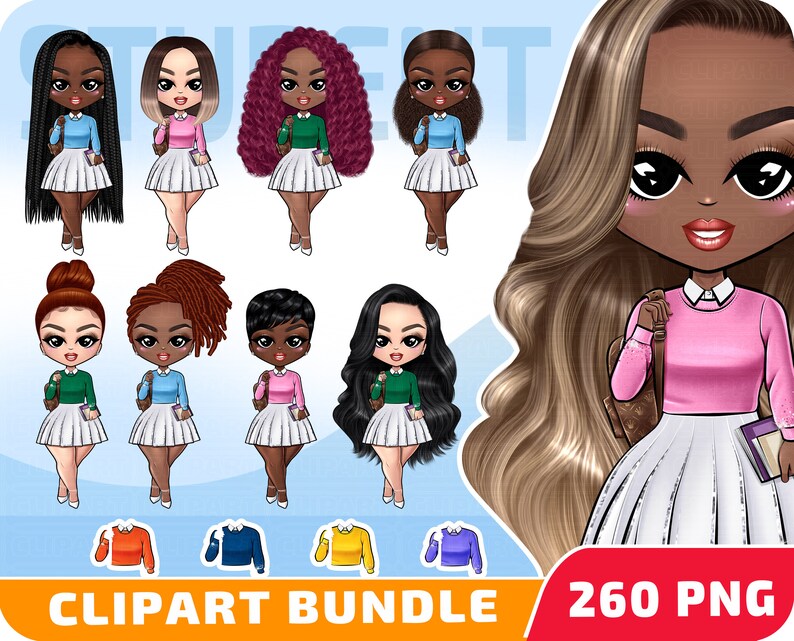 Student Clipart Bundle African American Girl PNG, Back to School PNG ...