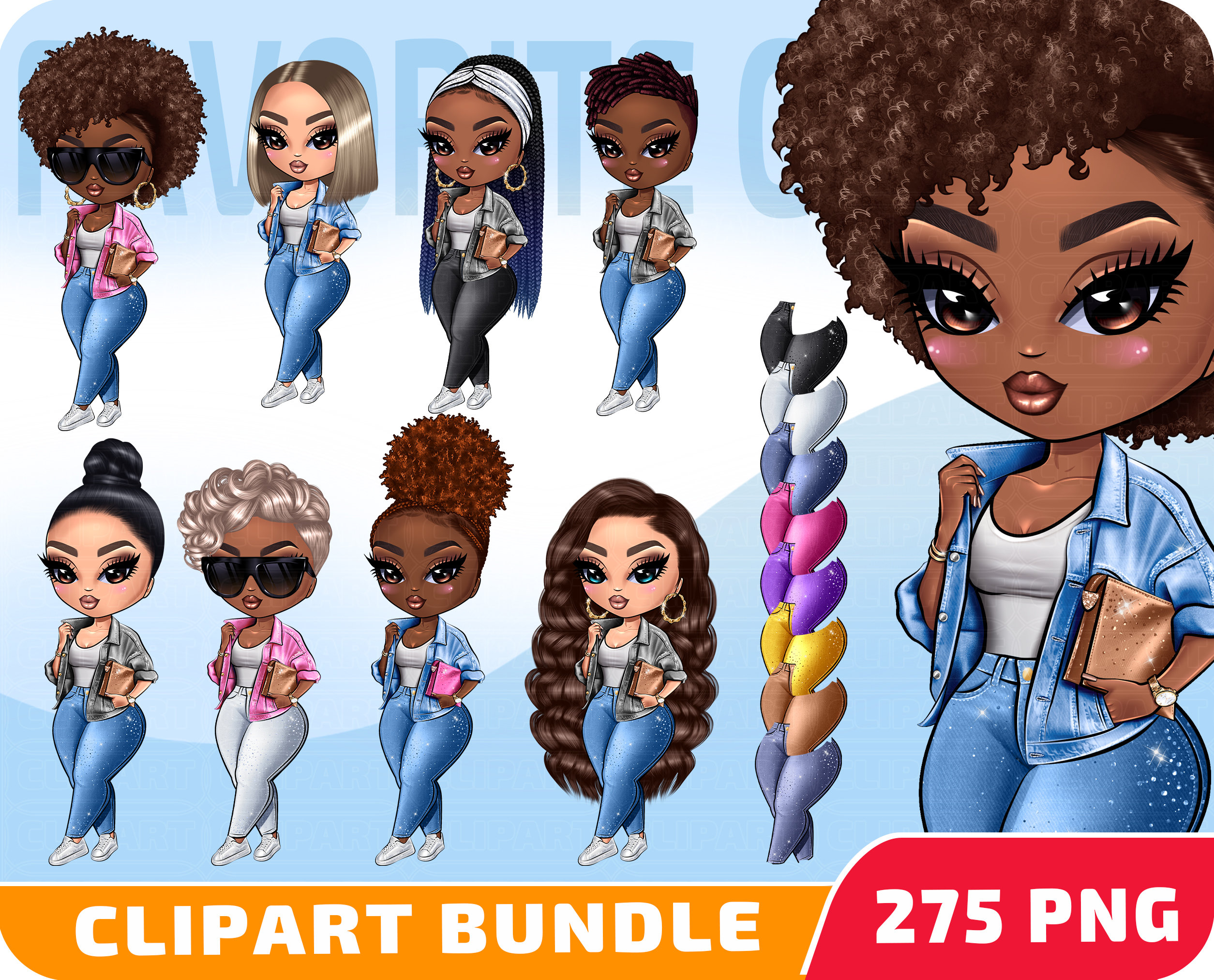 Denim Girl Clipart Bundle - African American Fashion Dolls PNG, Cute ...