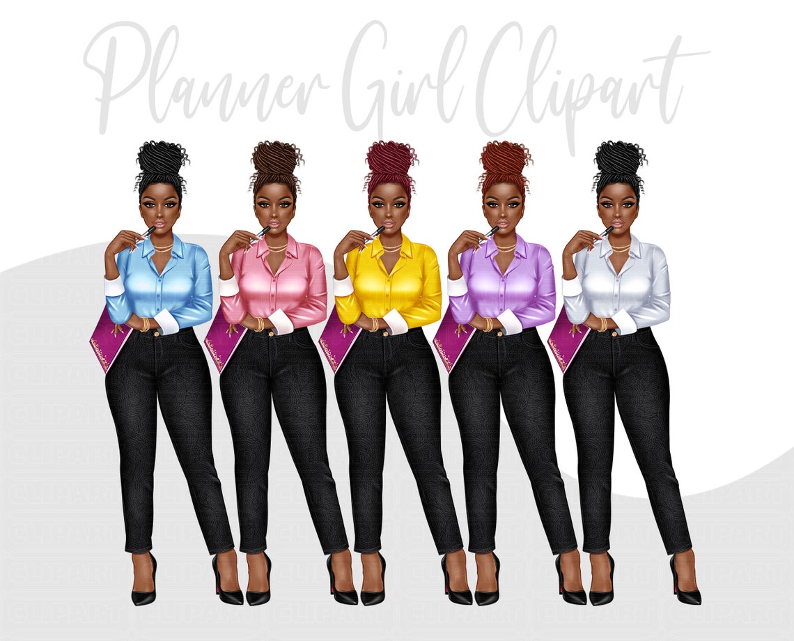 African American Planner Girl Clipart Bundle, Office Girl Clipart ...