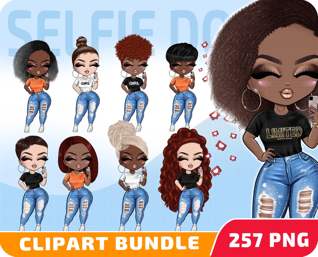 Denim Girl Clipart Bundle - African American Cute Dolls PNG, Selfie ...