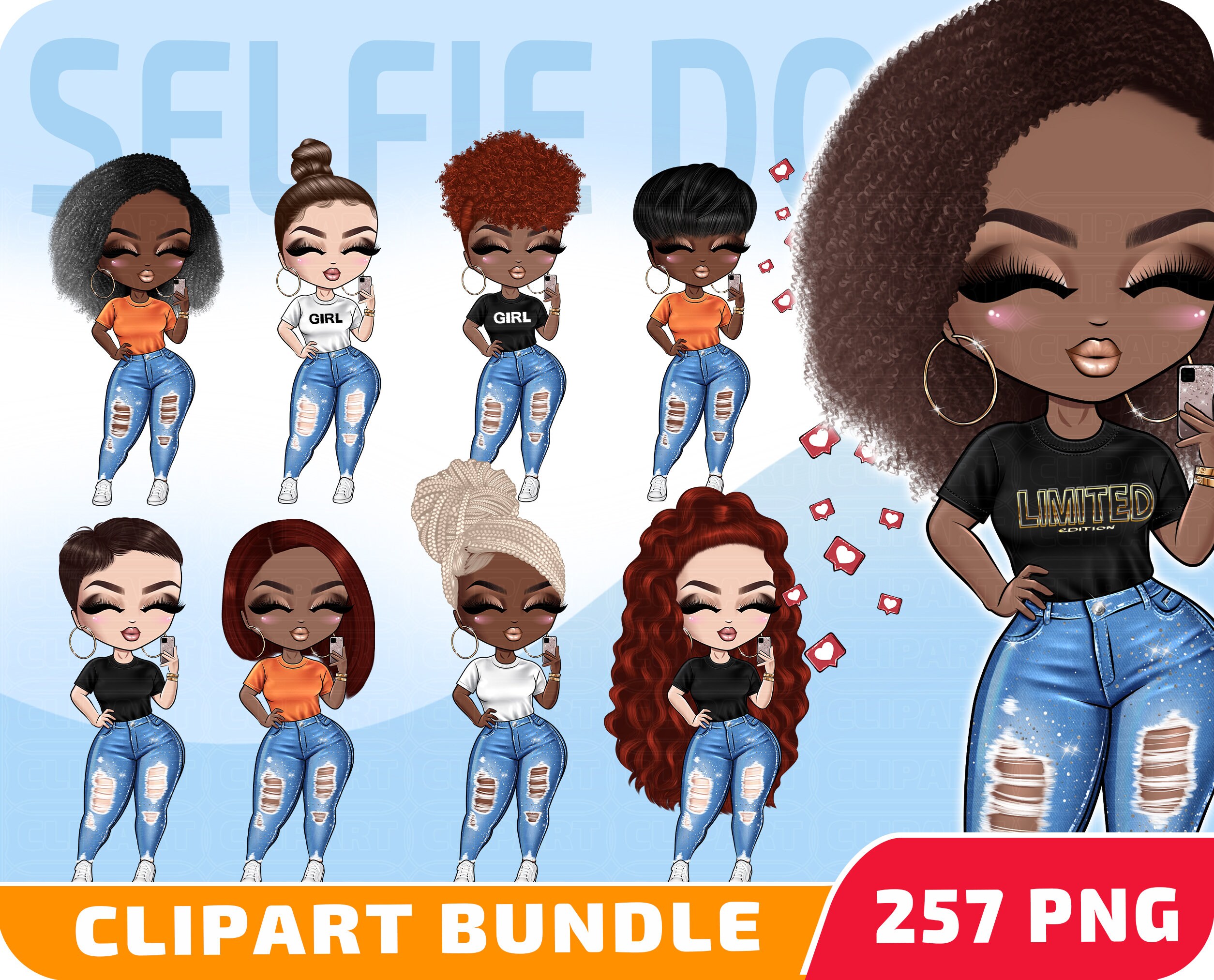 Denim Girl Clipart Bundle - African American Cute Dolls PNG, Selfie ...