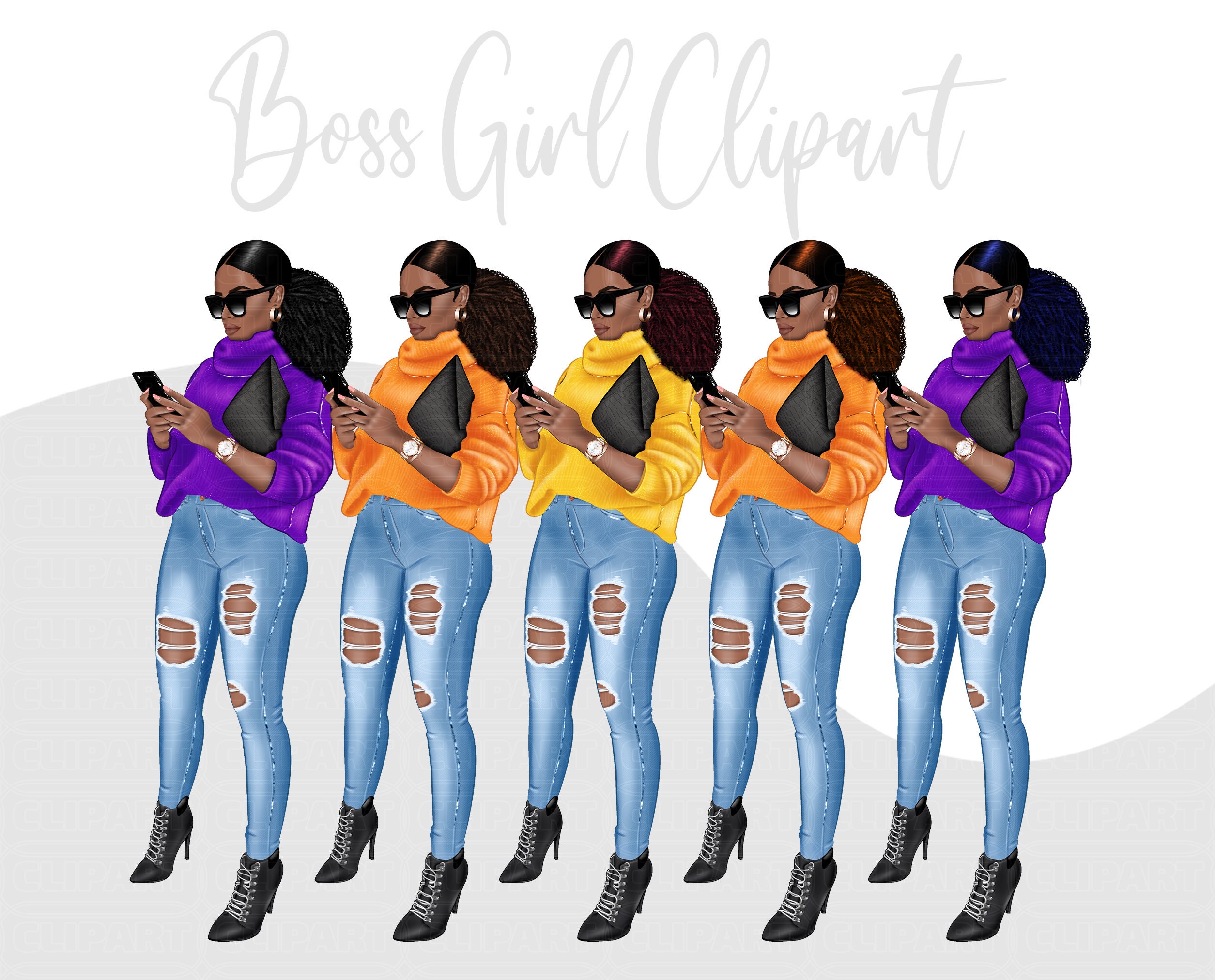 Busy Girl Clipart, Girl Boss PNG, African American Boss Girl Fashion ...