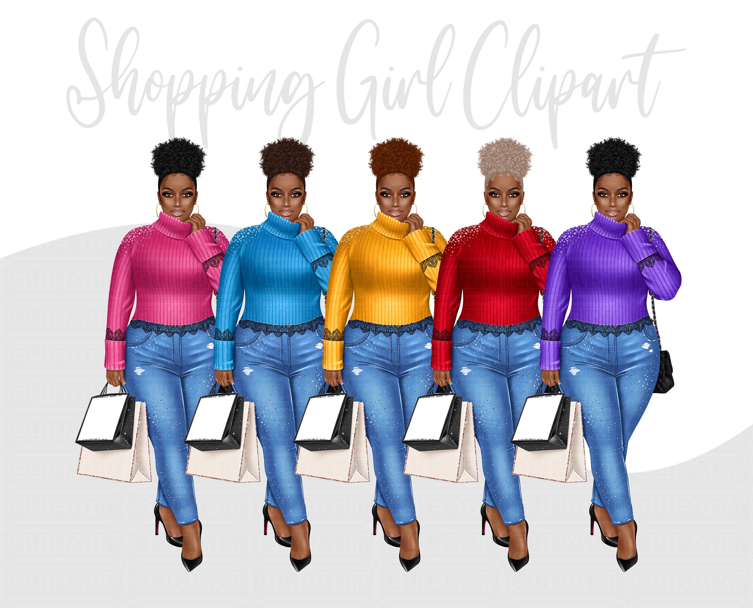 Shopping Girl Clipart Bundle Curvy Girl Clipart, African American Girl ...