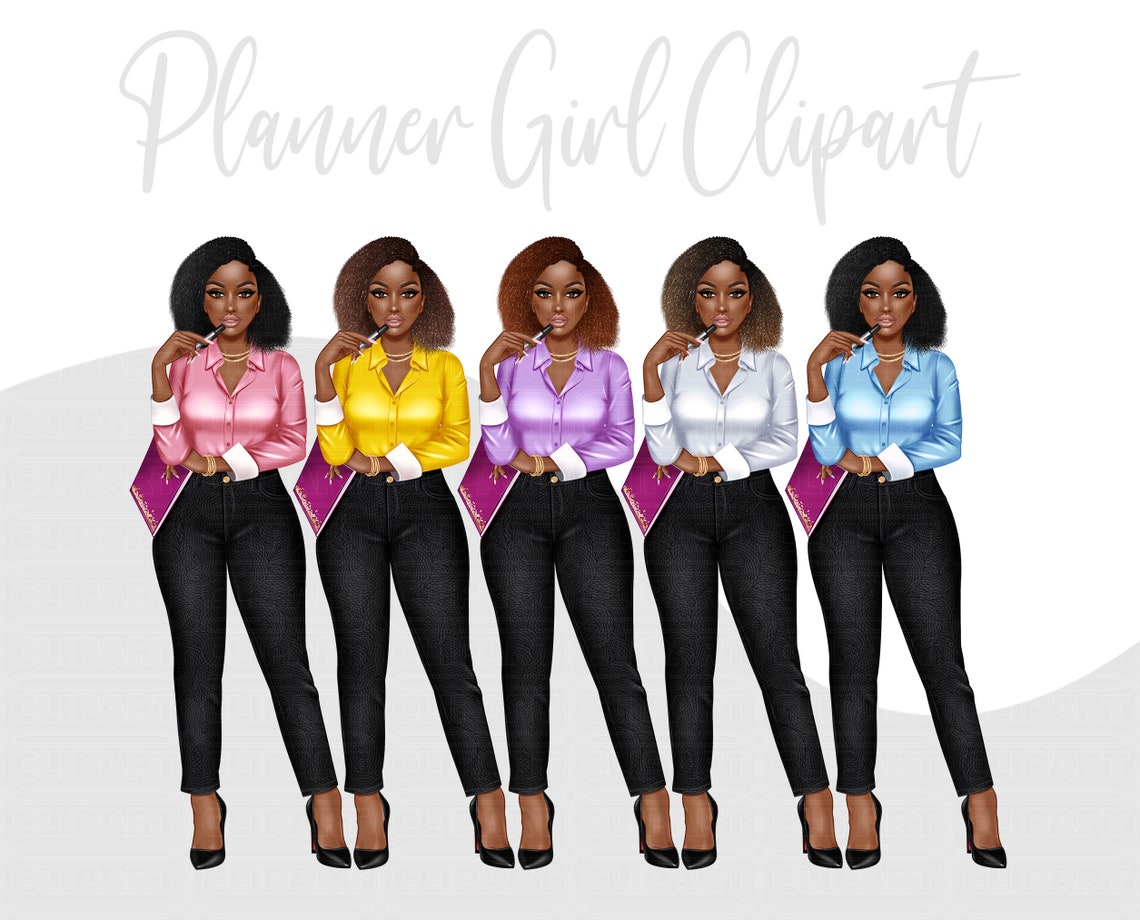African American Planner Girl Clipart Bundle, Office Girl Clipart ...