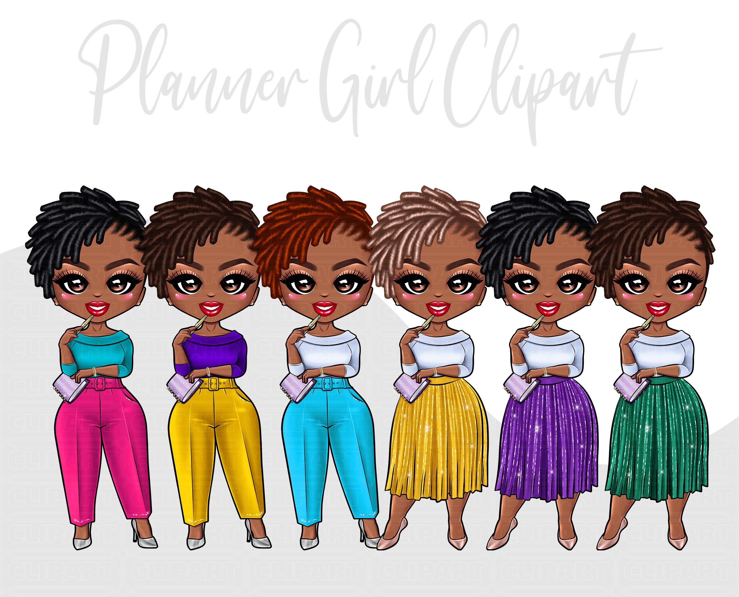 Planner Girl Clipart Bundle Cute African American Girl Boss Clipart ...