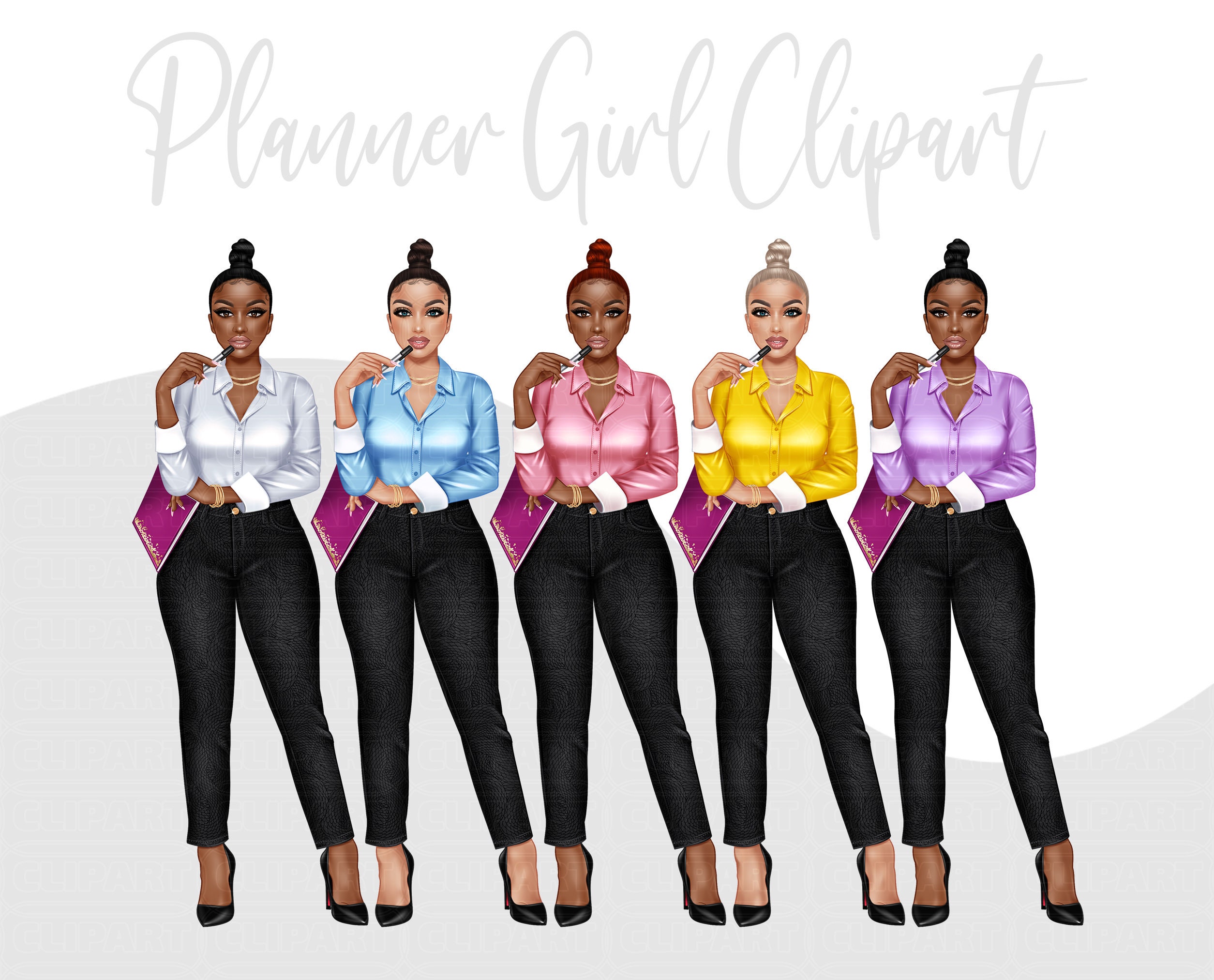 African American Planner Girl Clipart Bundle, Office Girl Clipart ...