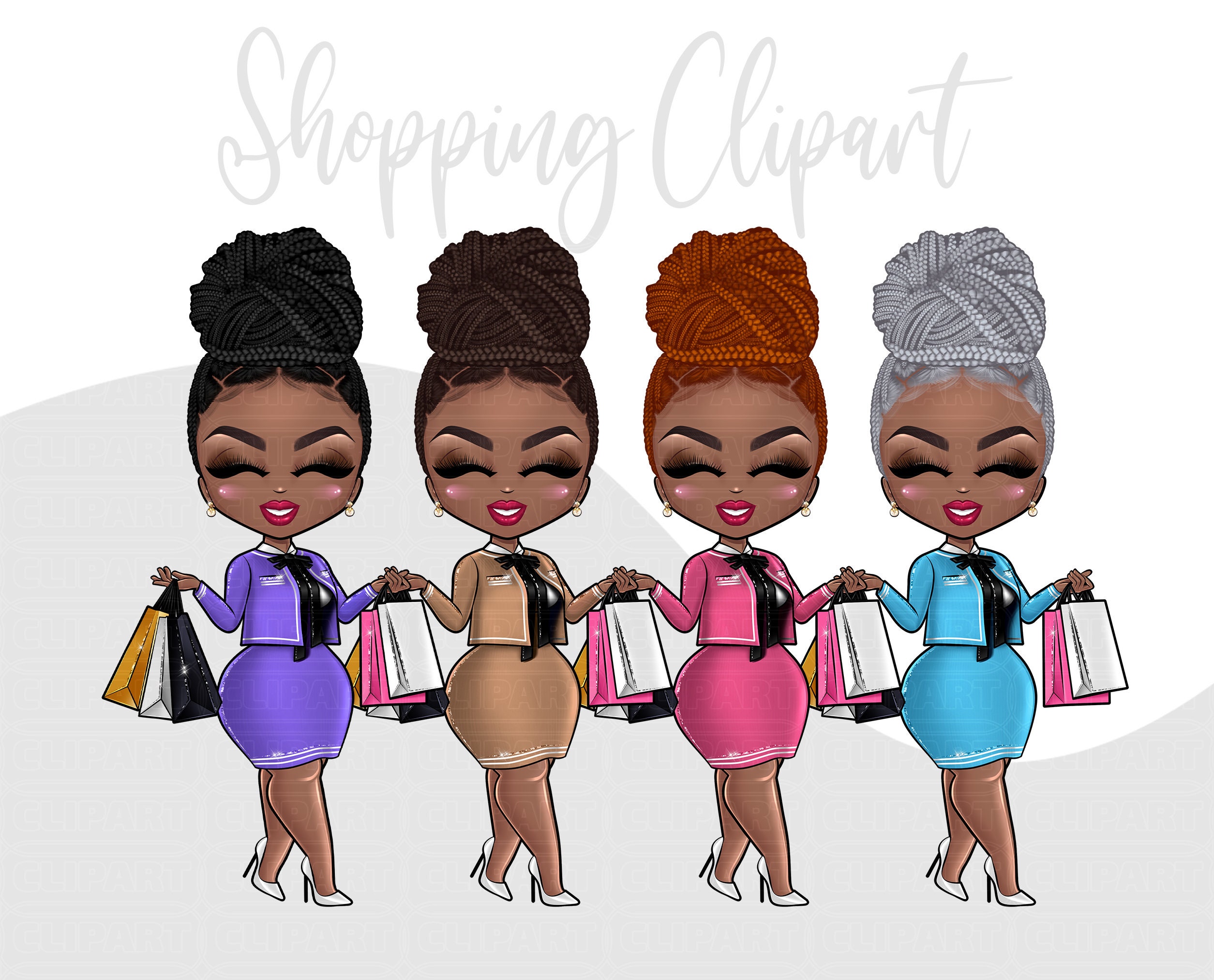 Shopping Girl Clipart Bundle African American Fashion Dolls PNG ...