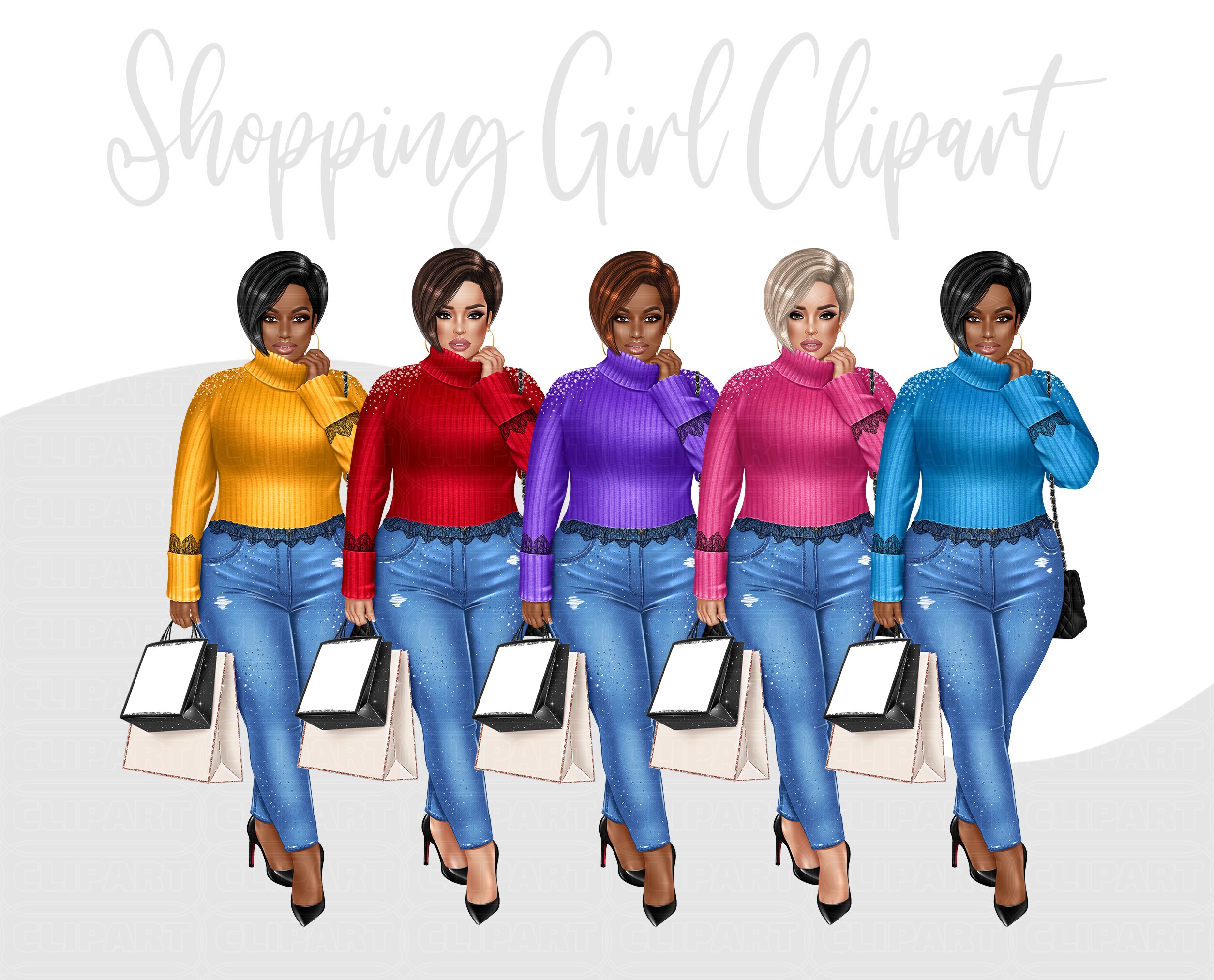 Shopping Girl Clipart Bundle Curvy Girl Clipart, African American Girl ...